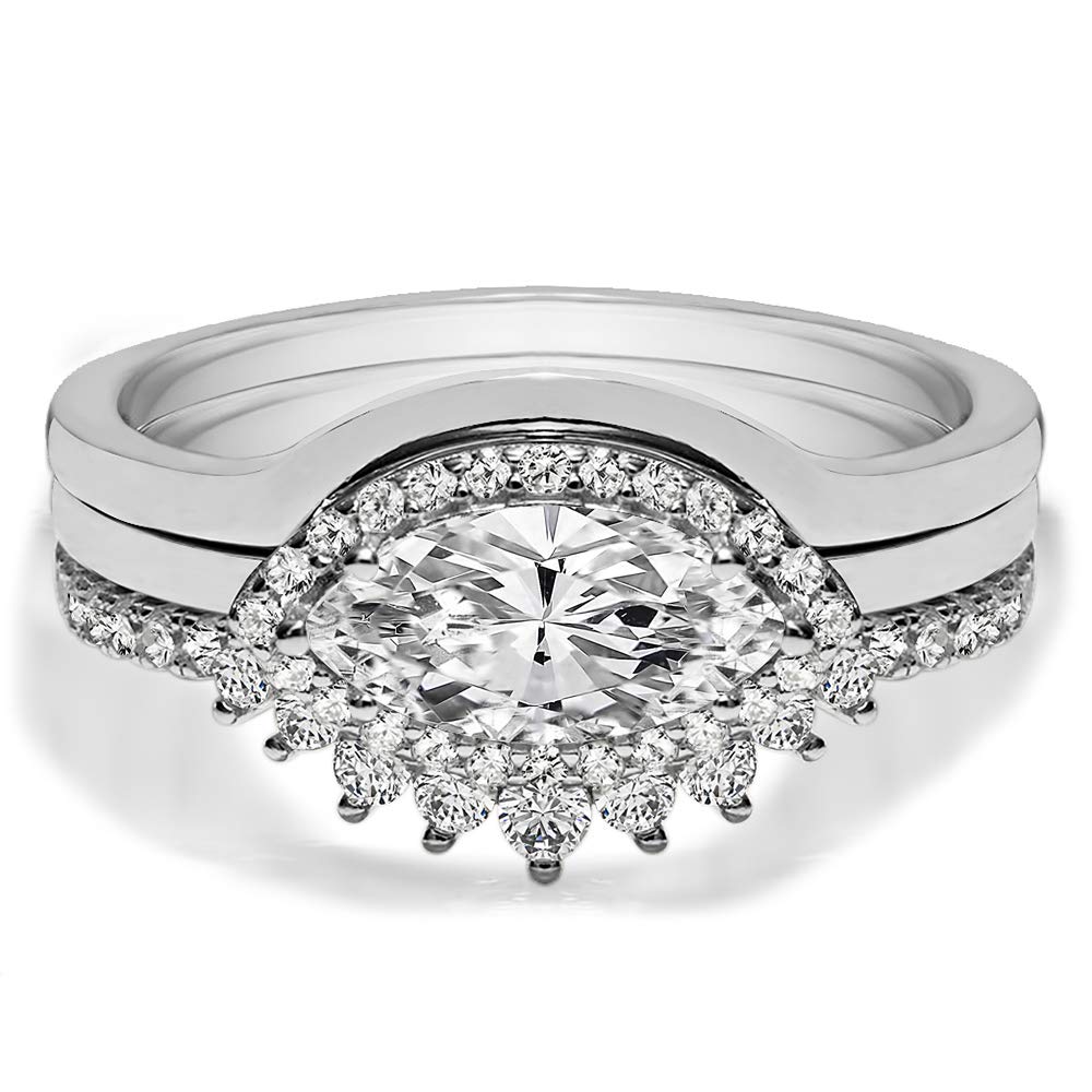 TwoBirch 18k White Gold Microplated East West Marquise Three Ring Bridal Set with Plain Contour Band and Tiara Prong Style Curved Ring (925 Silver, Size 7)