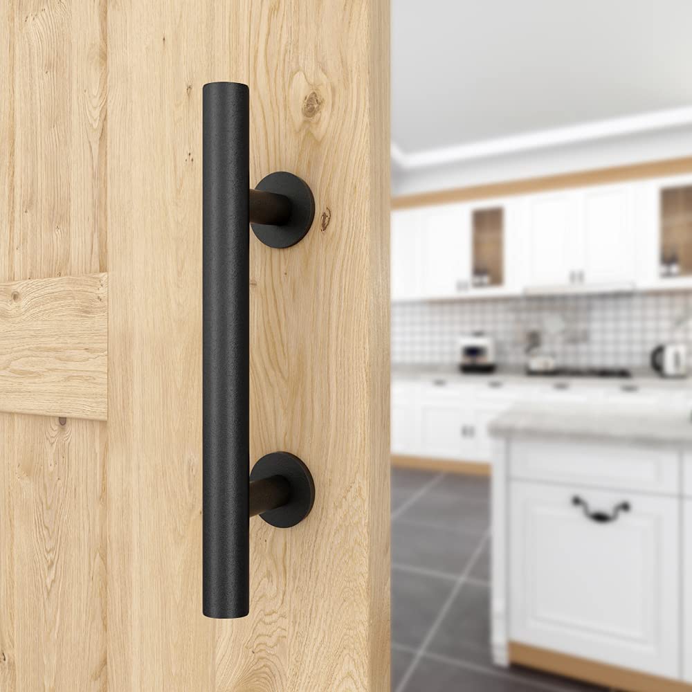 WINSOON 11FT Sliding Barn Wood Door Hardware Cabinet Closet Kit with 2PCS 12 Inch Sliding Barn Door Handles Black Hardware with Pull and Flush Barn Door Handle Set