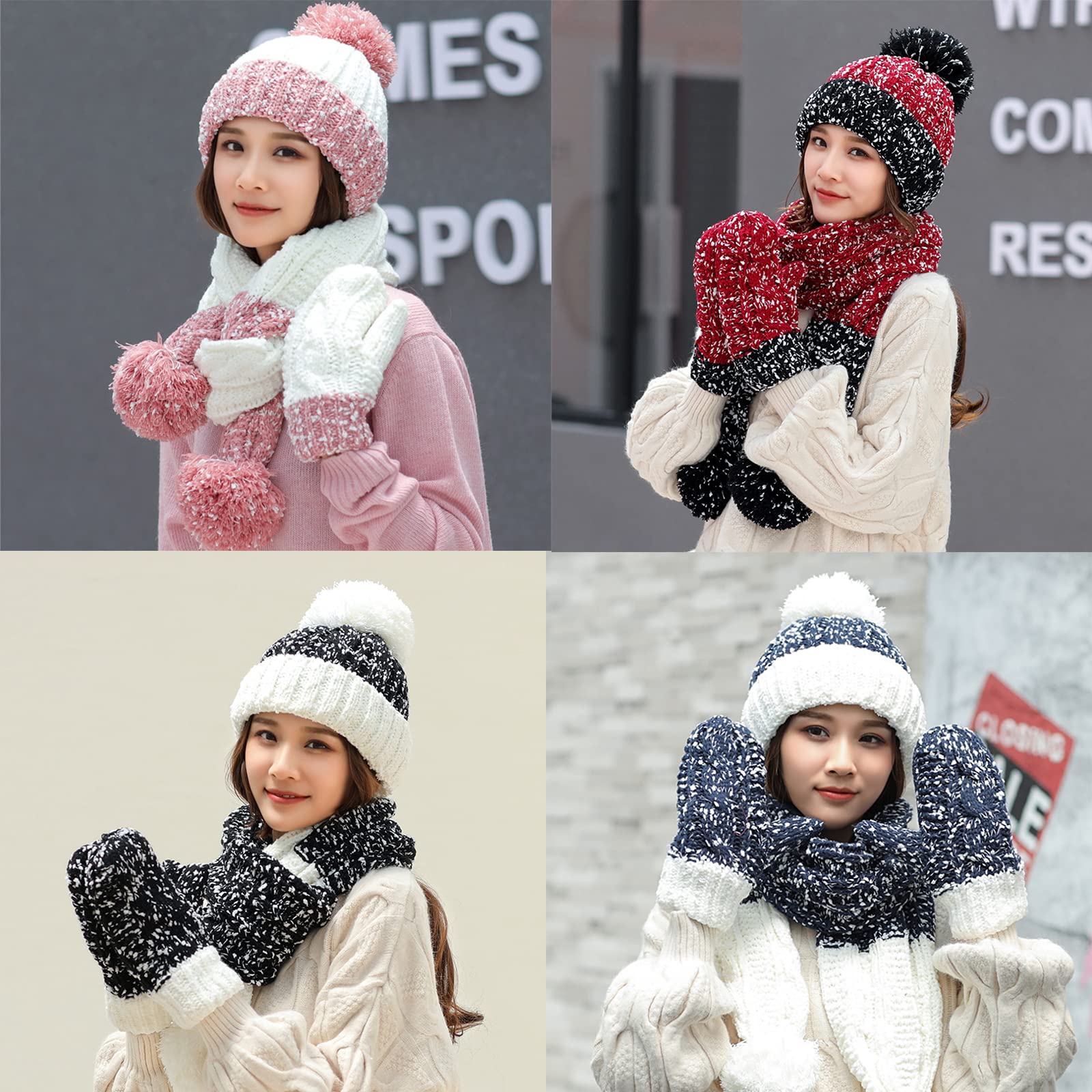 SINLOOG Beanie Hat Scarf and Gloves Set, Womens Winter Warm Knitted Hat Thick Skull Cap 3 in 1 for Cold Weather (Navy Blue, One Size)