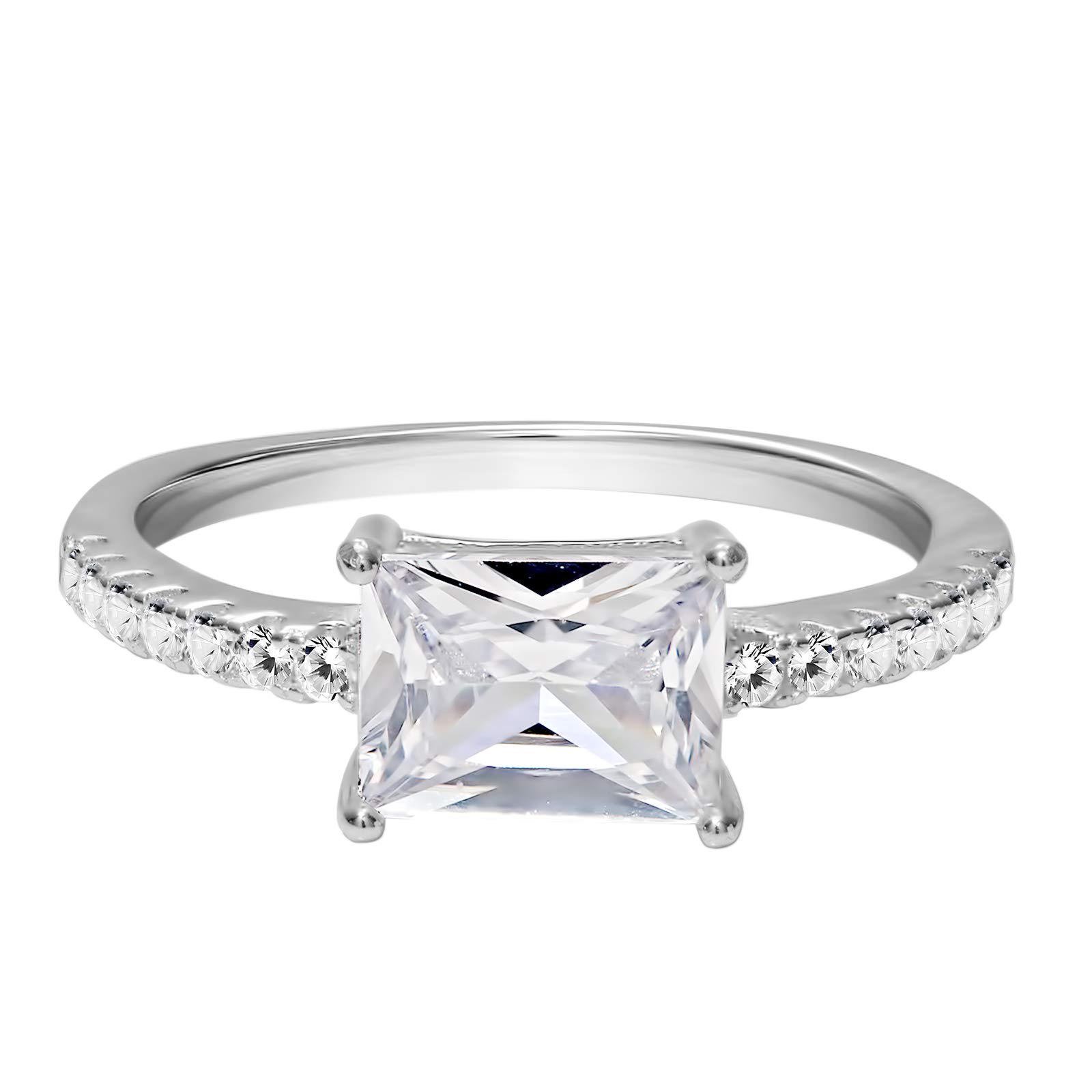 TwoBirch East West Baguette Cut Prong Set Engagement Ring in 18k White Gold Plated Sterling Silver and Cubic Zirconia (Size 8)