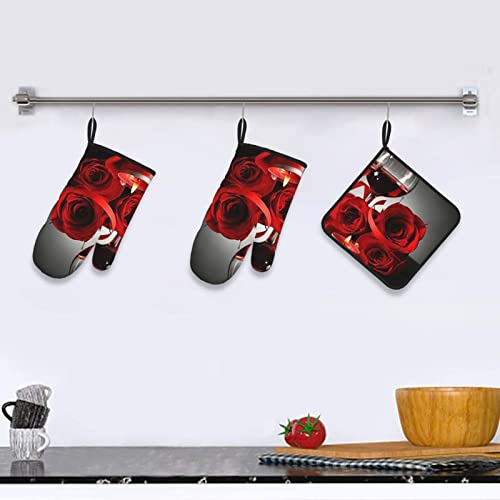 YILEQUAN Red Rose Wine Glass and Candle Print Oven Mitts Pot Holders Sets,Kitchen Glove High Heat Resistant 500 Degree Potholder,Surface Safe for Baking, Cooking, BBQ,Pack of 3