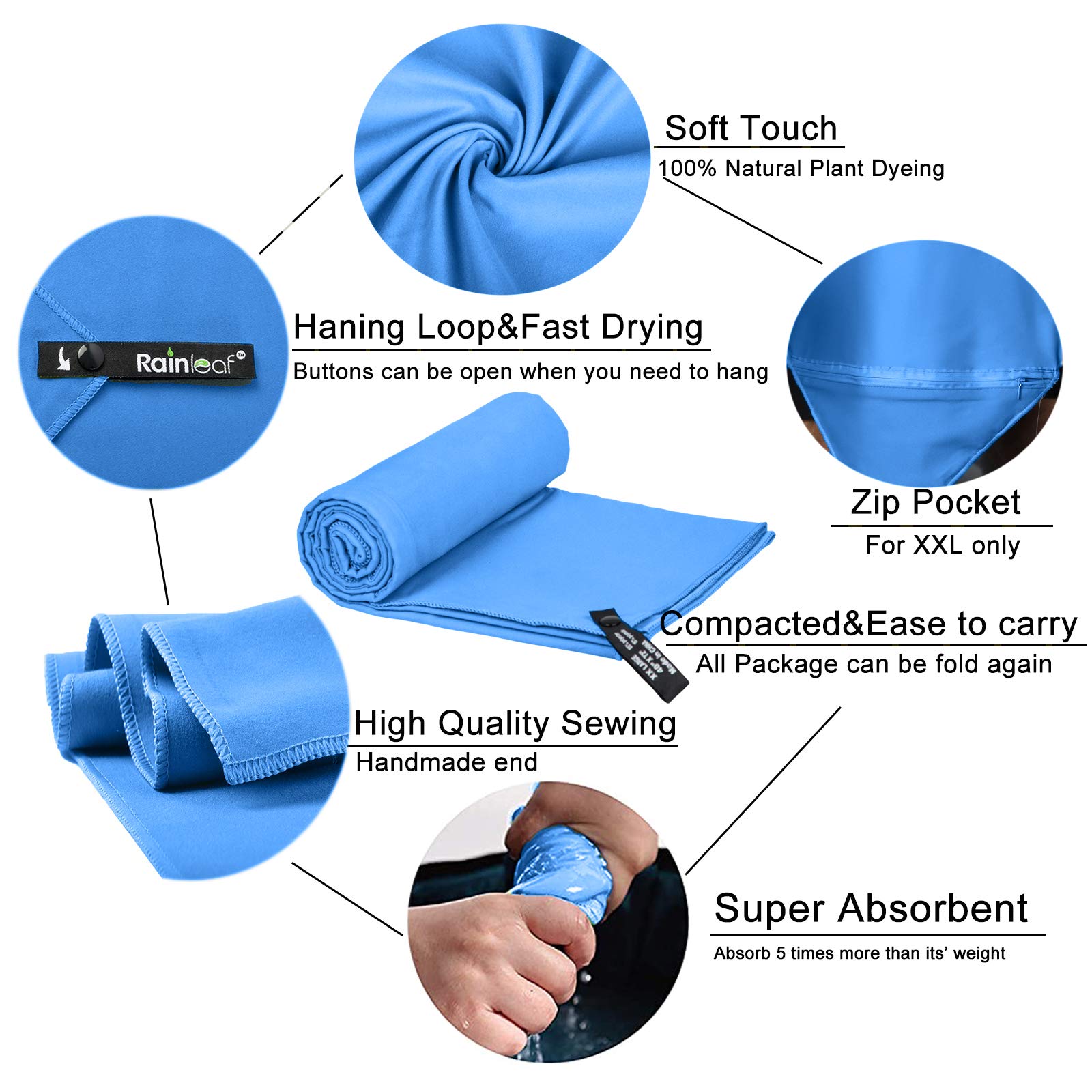 Rainleaf Microfiber Towel Perfect Travel & Gym & Camping Towel. Quick Dry - Super Absorbent - Ultra Compact - Lightweight. Suitable for Trip, Beach, Shower, Backpacking, Pool