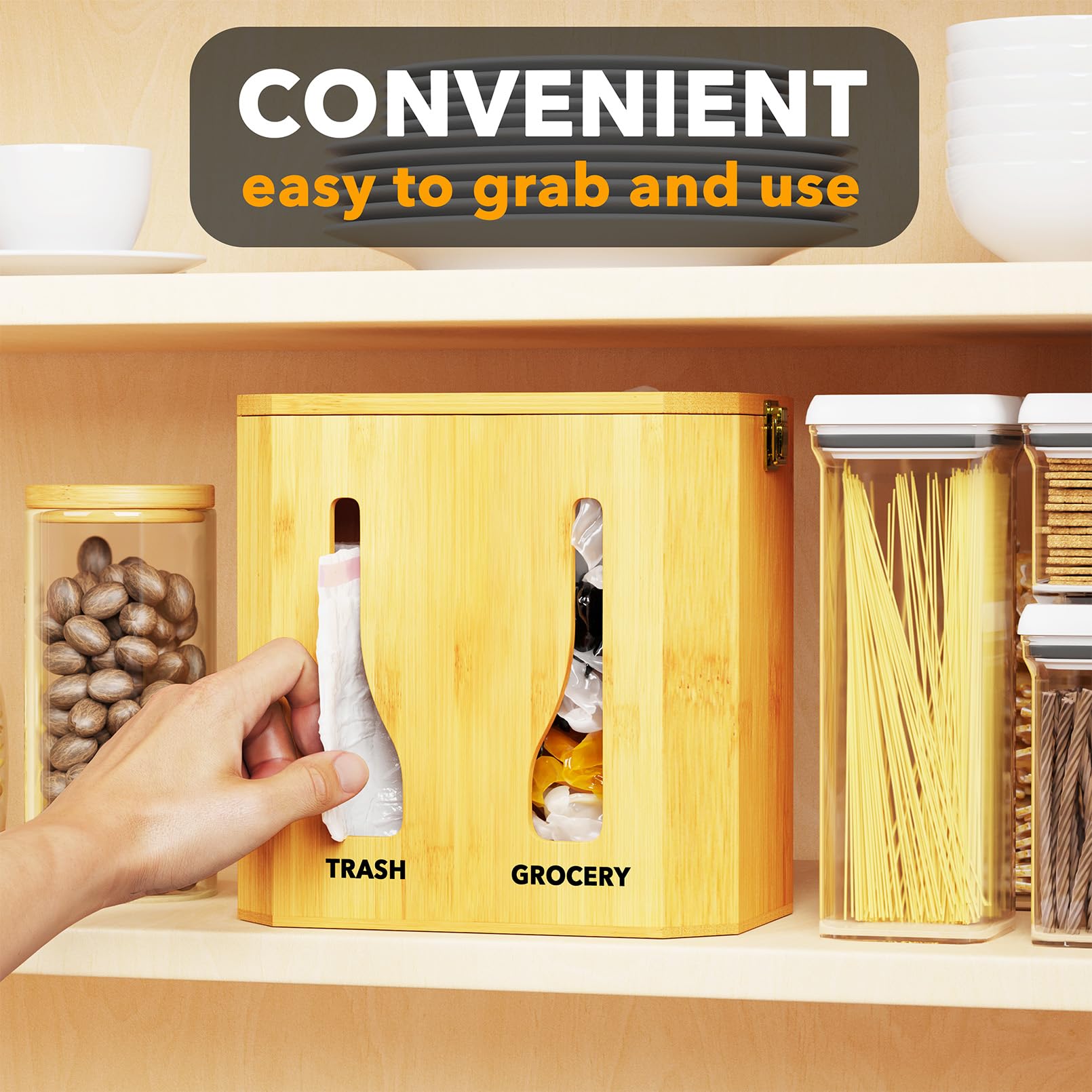 SpaceAid Grocery Bag Holder & Trash Bag Dispenser, Bamboo 2 in 1 Garbage Bag Roll Holders Organizer for Plastic Bags, Under Sink Organizers and Storage for Kitchen Organization (Bamboo)
