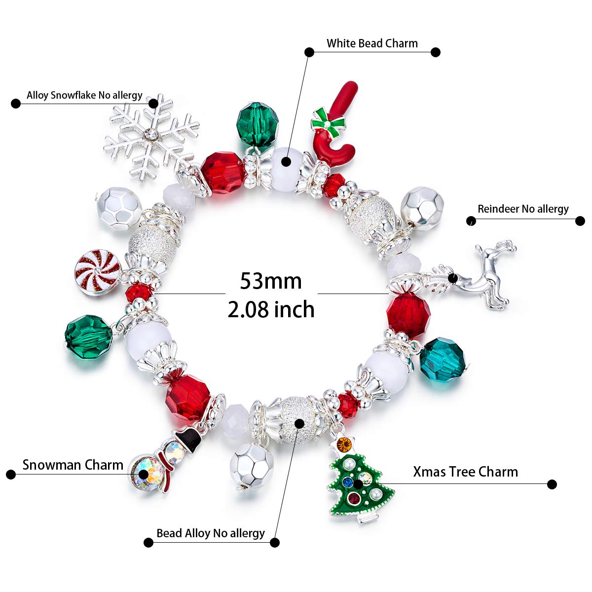 RareLove Christmas Snowflake Charm Beaded Bracelet Stretch Strand Elastic Crystal Silver Tone Dangle Xmas Tree Reindeer Women Girls Holiday Gift