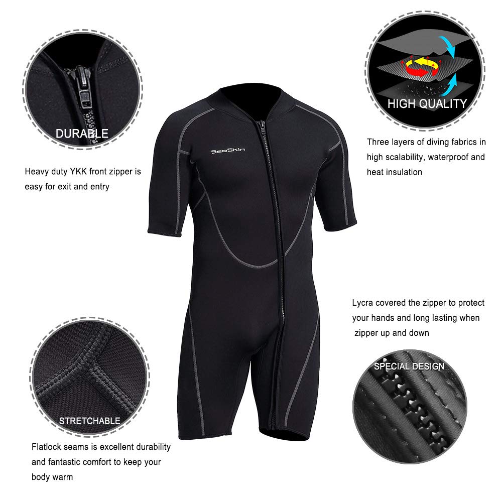 Seaskin Mens 3mm Shorty Wetsuit Womens, Full Body Diving Suit Front Zip Wetsuit for Diving Snorkeling Surfing Swimming