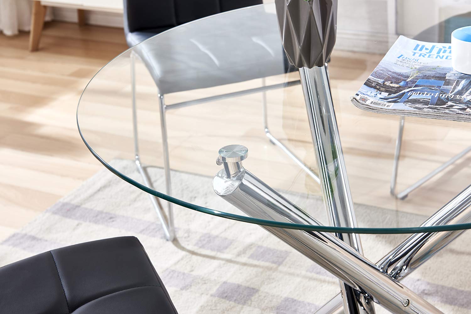 SICOTAS Glass Dining Table Round Kitchen Table with 3 Silver Chrome Legs,Modern Circle Dining Room Tables for 2 or 4,Small Compact Dinner Table for Apartment or Small Spaces,35.4D x 29.5H,Clear