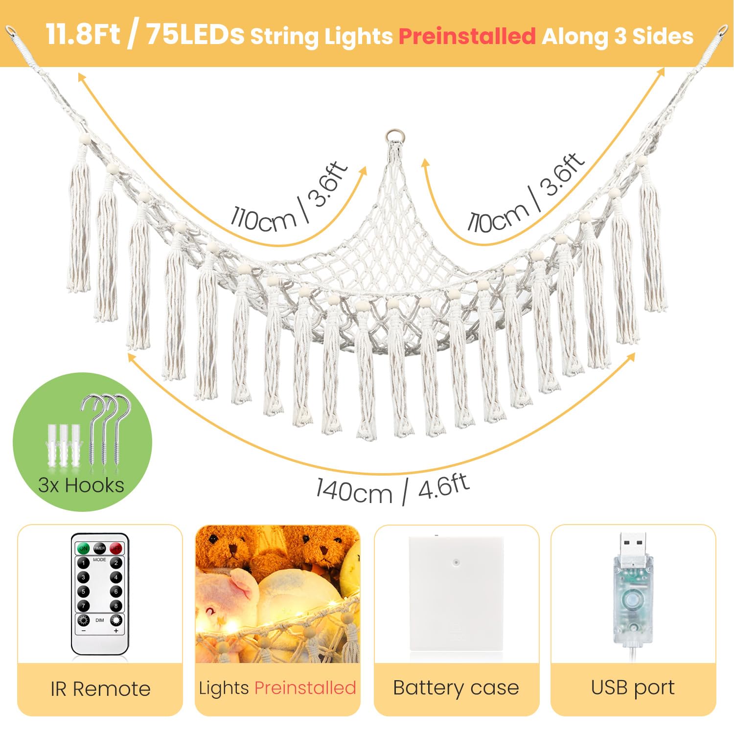 Stuffed Animal Hammock with 75LEDs, Extra Large 55in Toy Storage Macrame Hammock, Hanging Toy Net for Kids Bedroom Doll Room Corner Organizer, USB Plush Toy Hammock with Remote(XL)