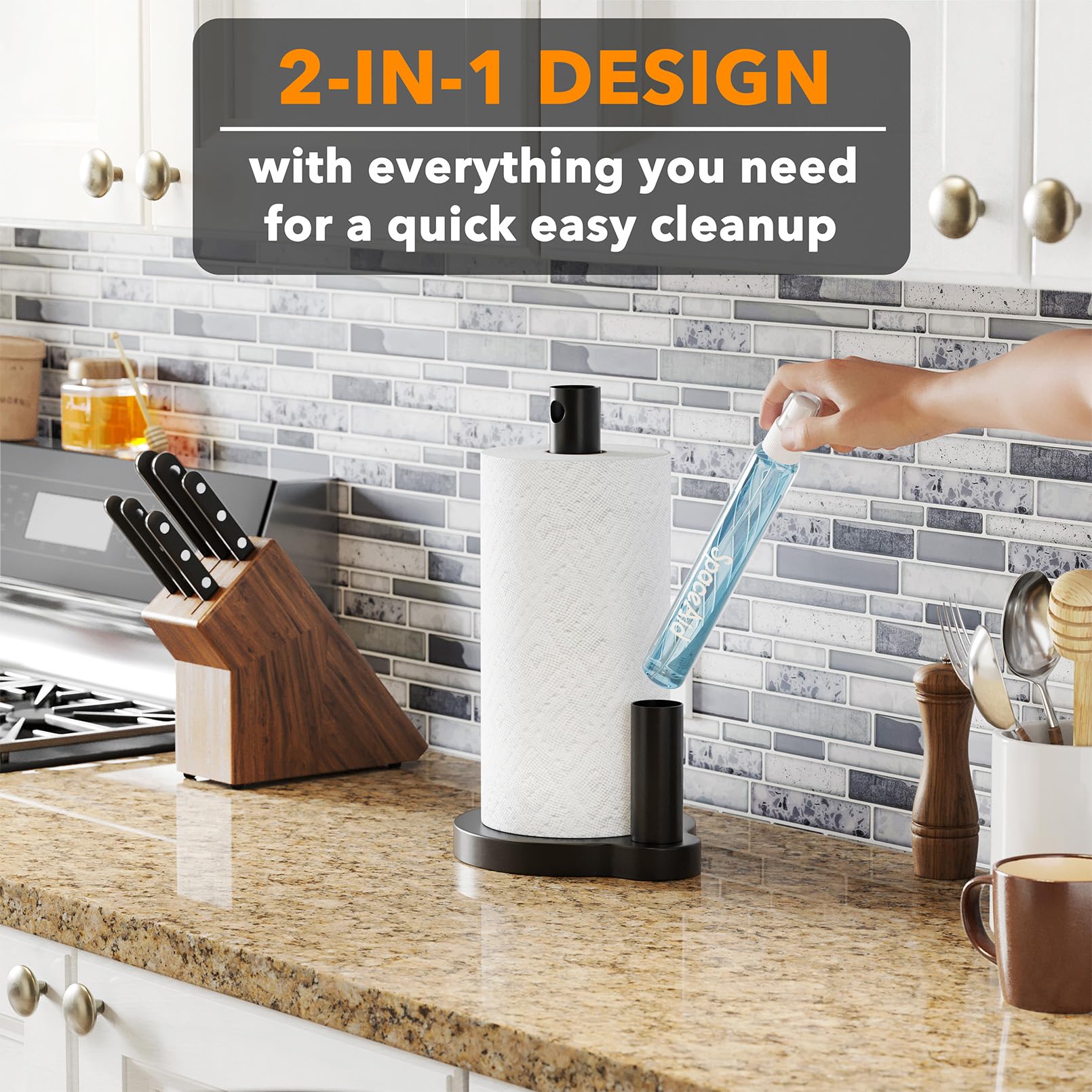 SpaceAid SprayNeat Paper Towel Holder with Spray Bottle, Countertop Paper Towels Dispenser Stand with Sprayer Inside Center, Under Cabinet Papertowels Roller for Kitchen (Black)