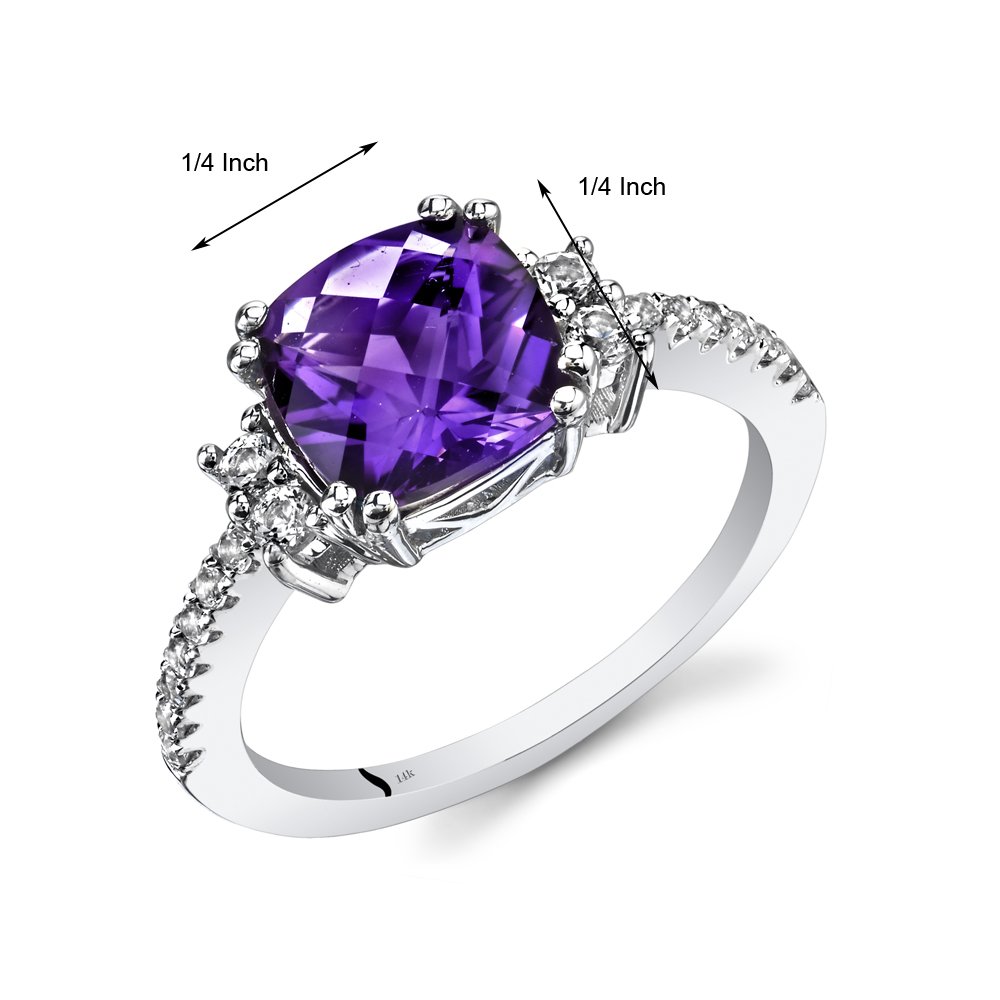 PEORA Amethyst Ring for Women 14K White Gold with White Topaz, Genuine Gemstone Birthstone, Designer 2 Carats Cushion Cut 8mm, Size 7