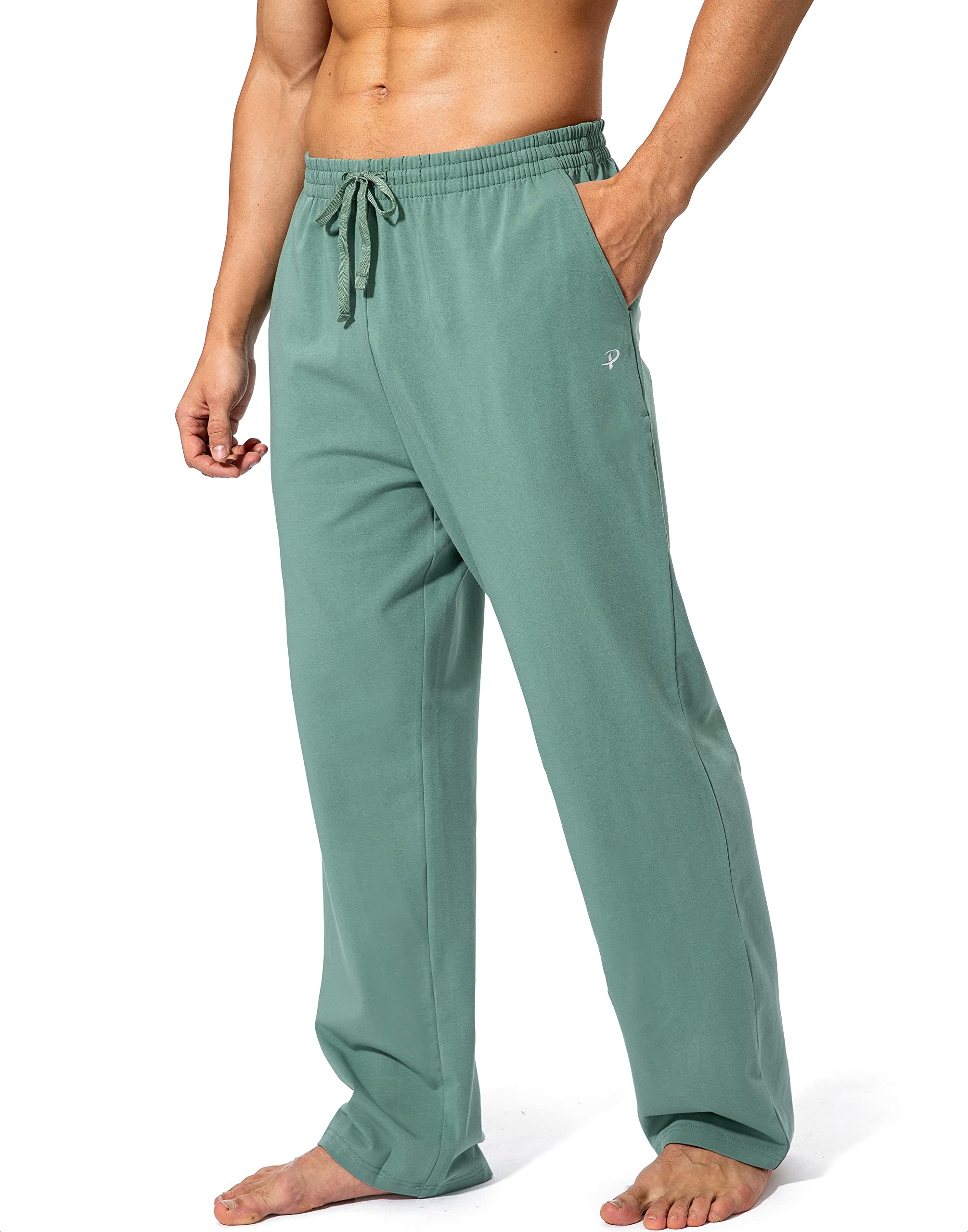 Pudolla Men's Cotton Yoga Sweatpants Athletic Lounge Pants Open Bottom Casual Jersey Pants for Men with Pockets (Green Small)