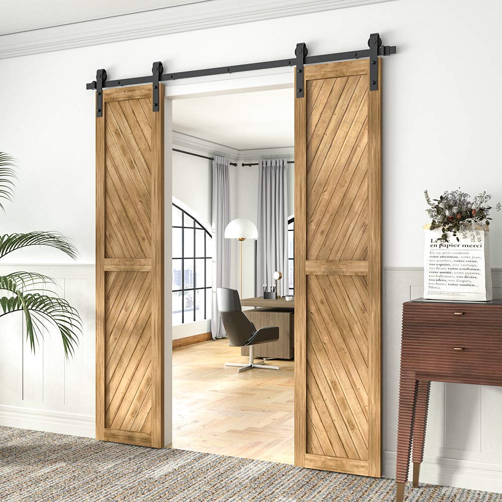 WINSOON 5FT Sliding Barn Wood Door Hardware Cabinet Closet Kit with 2PCS 12 Inch Sliding Barn Door Handles Black Hardware with Pull and Flush Barn Door Handle Set