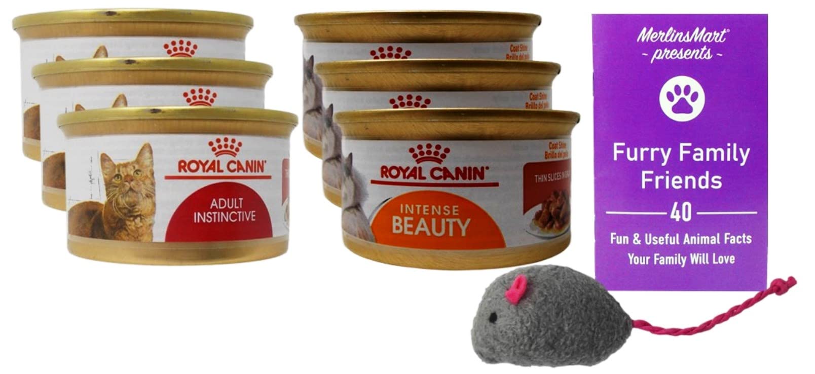 Royal Canin Slices in Gravy Cat Food 2 Flavor 6 Can Sampler, (3) Each: Adult Instinctive, Intense Beauty (3 Ounces) - Plus Catnip Toy and Fun Facts Booklet Bundle