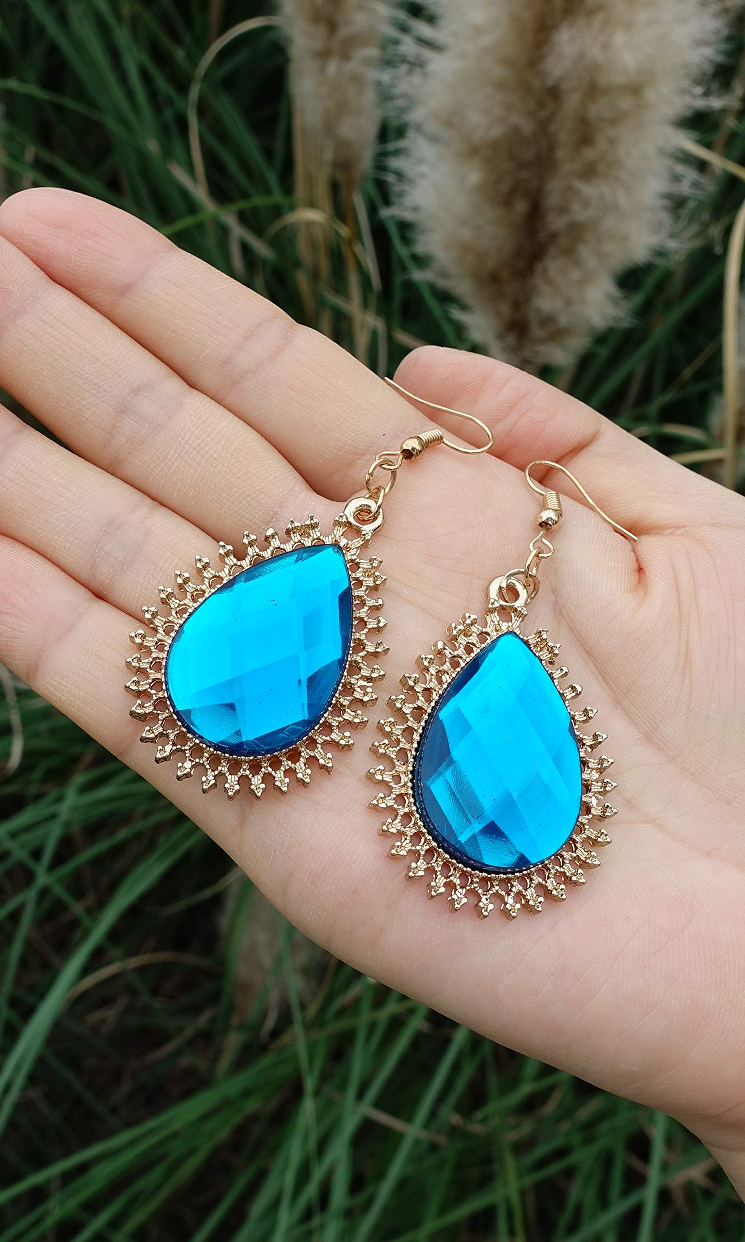 RareLove Gothic Halloween Costumes Princess Blue Rhinestone Teardrop Gold Plated Alloy Vintage Dangle Piercing Earrings For Women