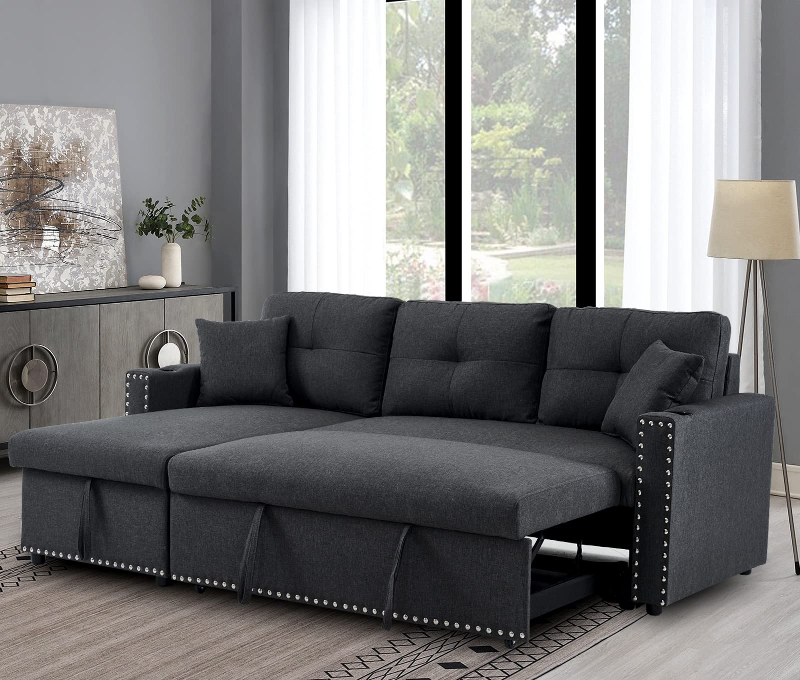 Sleeper Sofa Bed Pull Out Couch Reversible Sectional Sofa for Small Space Loveseat Sleeper with Storage Chaise & Cup Holder for Living Room/Apartment/Basement (Dark Grey)