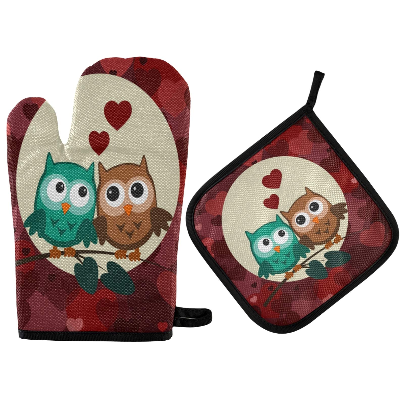 Valentines Day Owls Oven Mitts and Pot Holders Sets Red Mothers Day Heat Resistant Hot Pads Cooking Gloves Handling Kitchen Cookware Bakeware BBQ