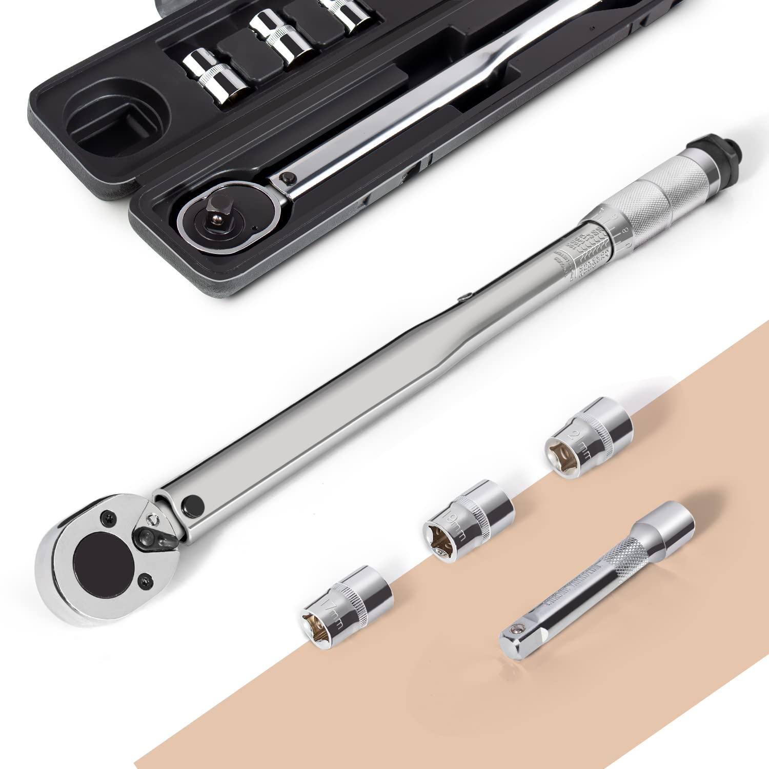 Todeco Torque Wrench Set 1/2 Inch Drive Click, 20-150 Ft.Lb/ 28-210 with 3 Sockets(17/19/21mm) and 5" Extension Bar, Perfect for Bike, Motorcycles, Automobiles