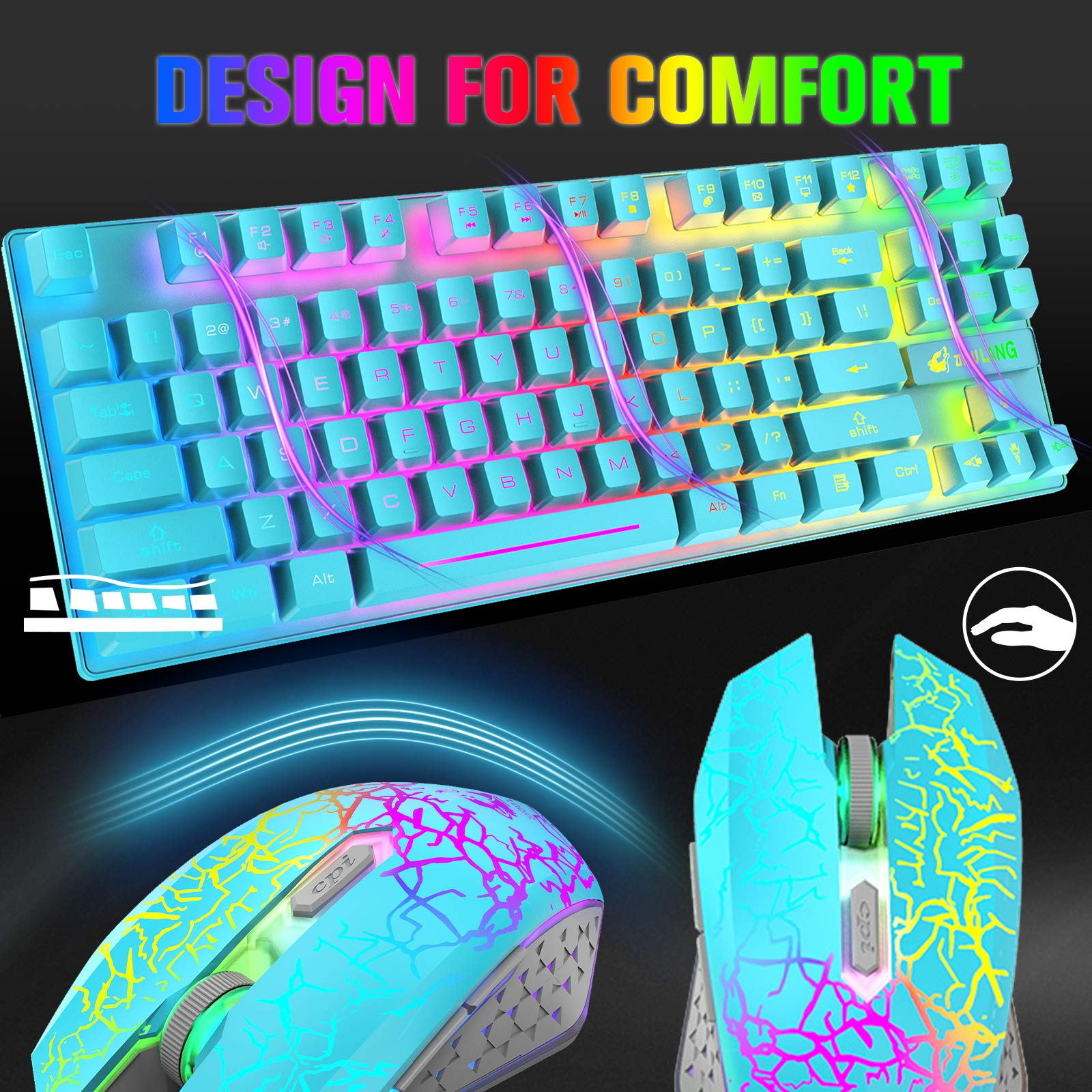 ZIYOU LANG Wireless Gaming Keyboard Mouse and Wired Headphone with Ergonomic 87Key Rainbow Backlight Rechargeable 3800mAh Battery Mechanical Anti-ghosting Mouse pad for PC Laptop Gamer Typist(Blue)