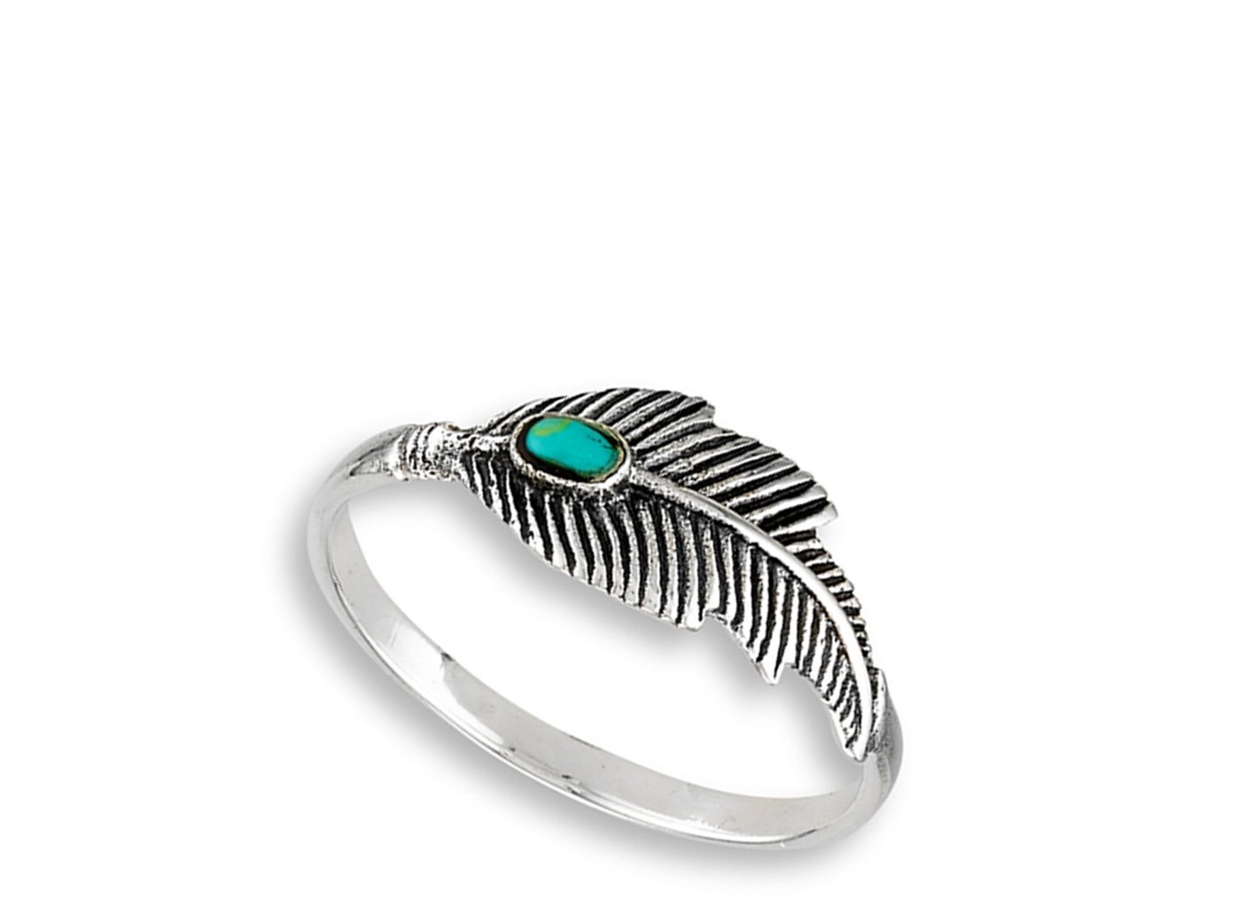 Simulated Turquoise Oxidized Feather Ring .925 Sterling Silver Tree Leaf Band Size 9