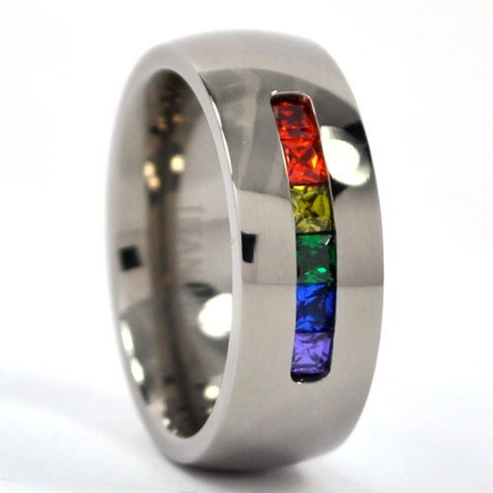 Rainbow String Smooth Round Top Ring - Gay & Lesbian Pride Stainless Steel (Wedding Marriage or Engagement Band w/CZ Stones). LGBT Pride (12)