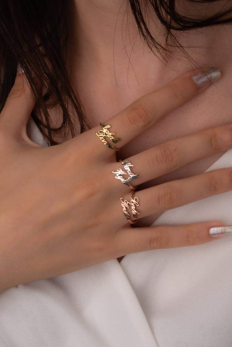 Shinelady Personalized Rings for Women Custom Any Name Ring with 1-3 Kids Name Dainty Sterling Silver Statement Ring Gift for Girlfriend, Wife, Mom, Grandma