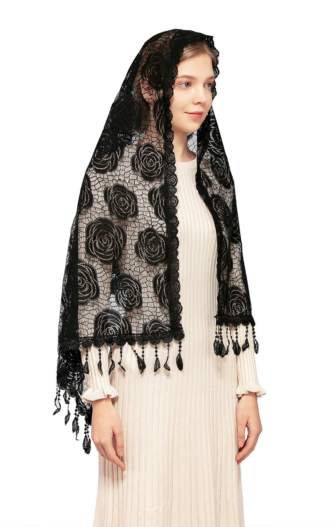 Wgior Rose Rectangular Chapel Veil Scarf Catholic Church Veils Mantilla Wrap Shawl Mass Head Covering (Black)