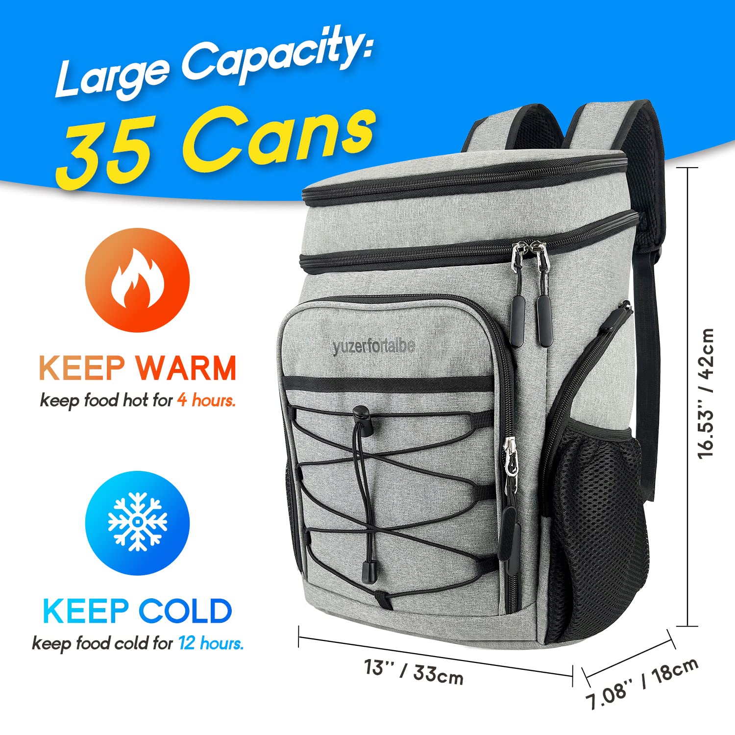 yuzerfortalbe Backpack Coolers Insulated Leak Proof 35 can, Insulated Backpack Soft Beach Cooler Bag for Lunch Picnic Fishing Hiking Camping Gray