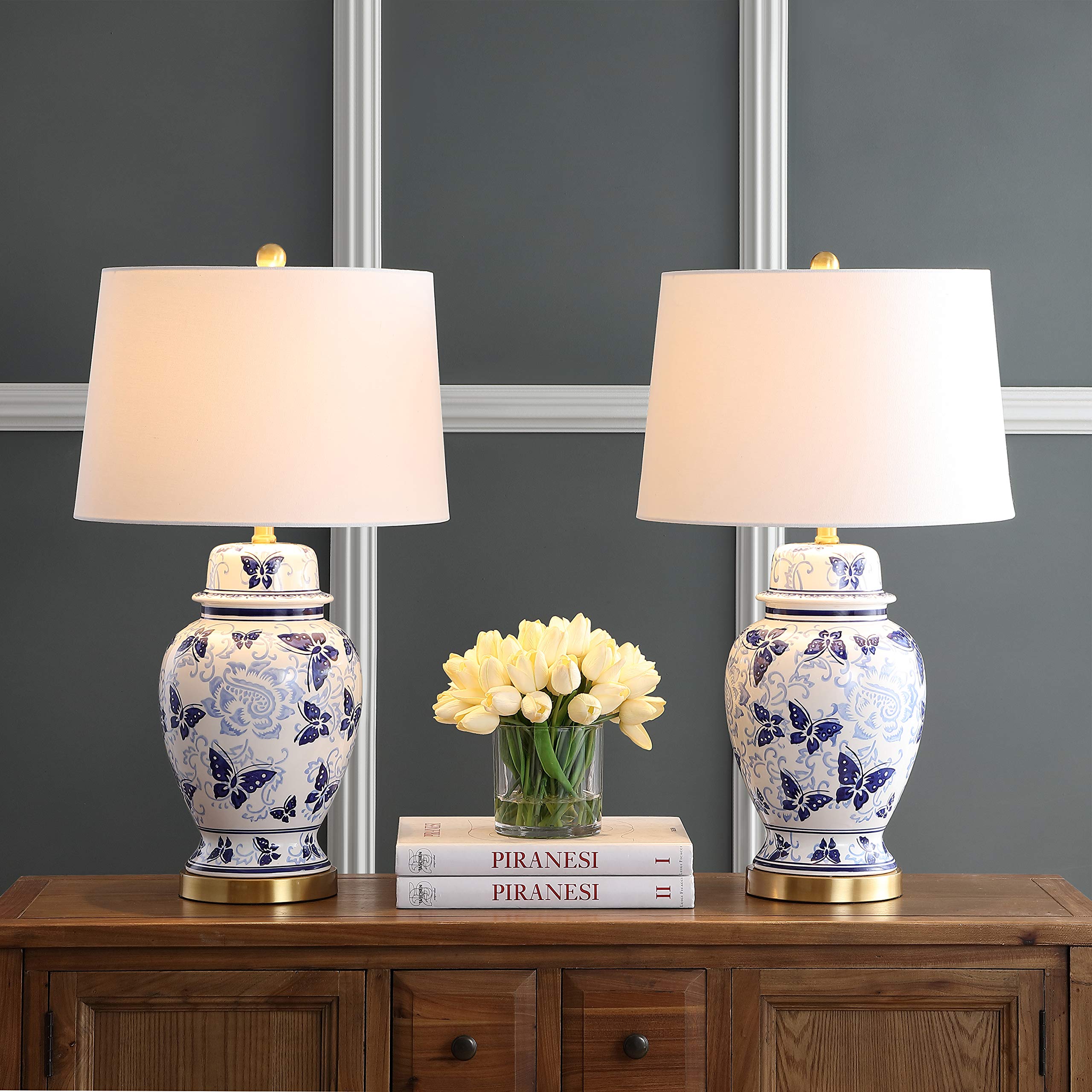SAFAVIEH Lighting Collection Hana Butterfly Blue/ White 28-inch Bedroom Living Room Home Office Desk Nightstand Table Lamp Set of 2 (LED Bulbs Included)