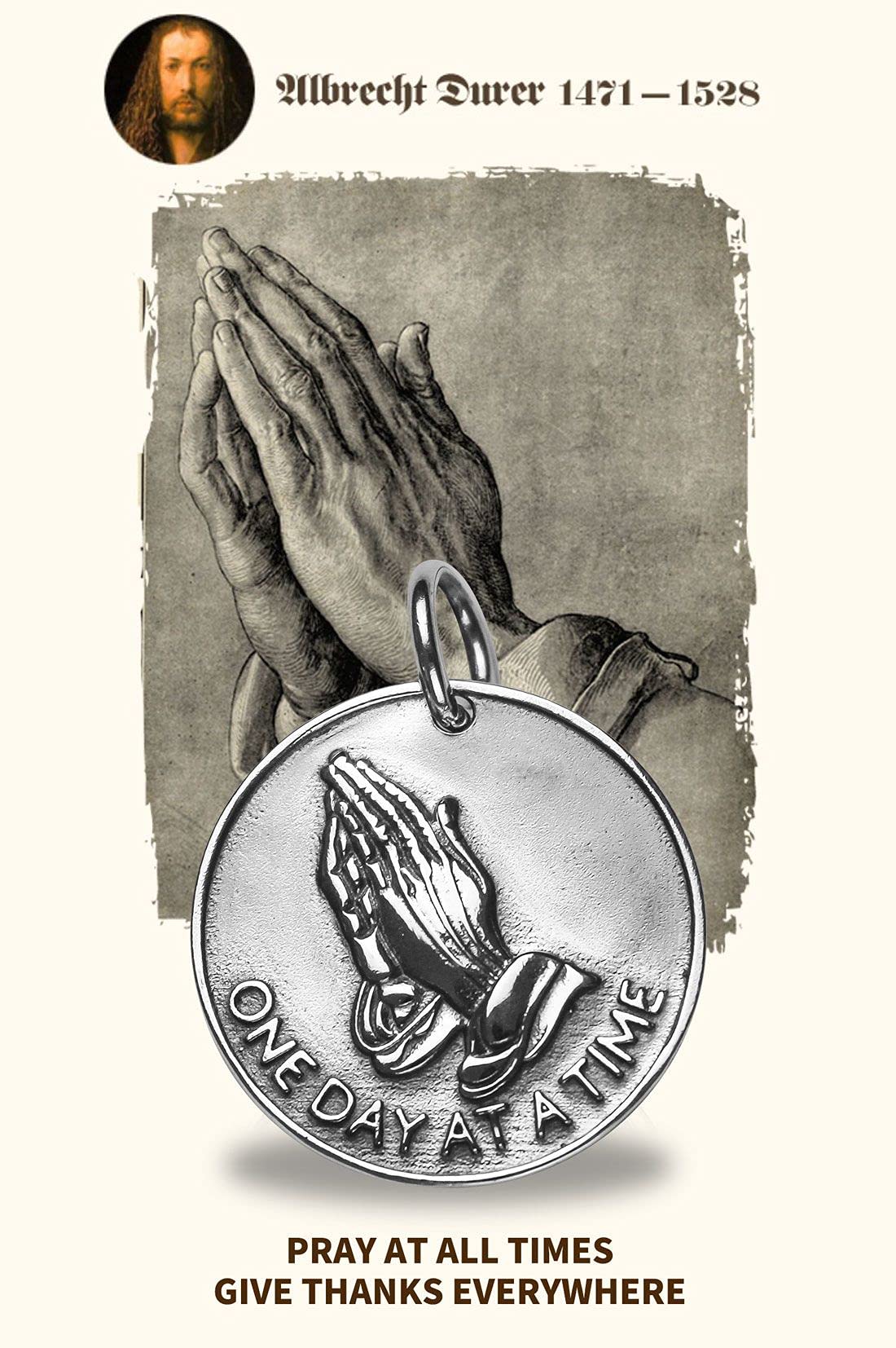 YWARX Silver 925 Christ Jesus Praying Hands Serenity Prayer Religious holy spendant gift Double-sided concave-convex engraving