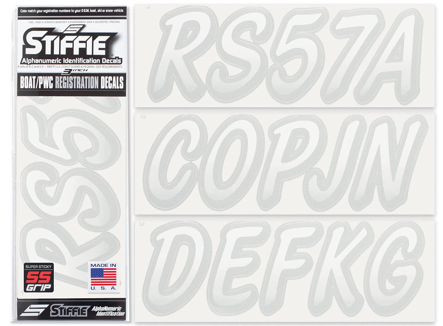 STIFFIE Whipline White/Silver SUPER STICKY 3" Alpha Numeric Registration Identification Numbers Stickers Decals for Sea-Doo SPARK, Inflatable Boats, RIBs, Hypalon/PVC, PWC and Boats.
