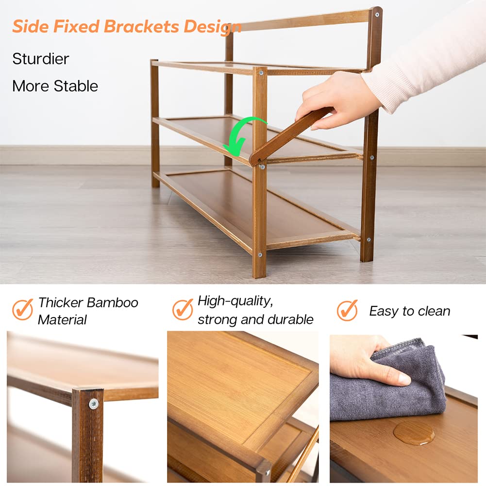 Small 3-Tier Shoe Rack for Closet & Entryway, Installation-Free Foldable Bamboo Shoes Storage Organizer, Sturdy Free Standing Three Shelf Shoe Stand for 6-9 Pairs, Brown 20x18x9 Inches