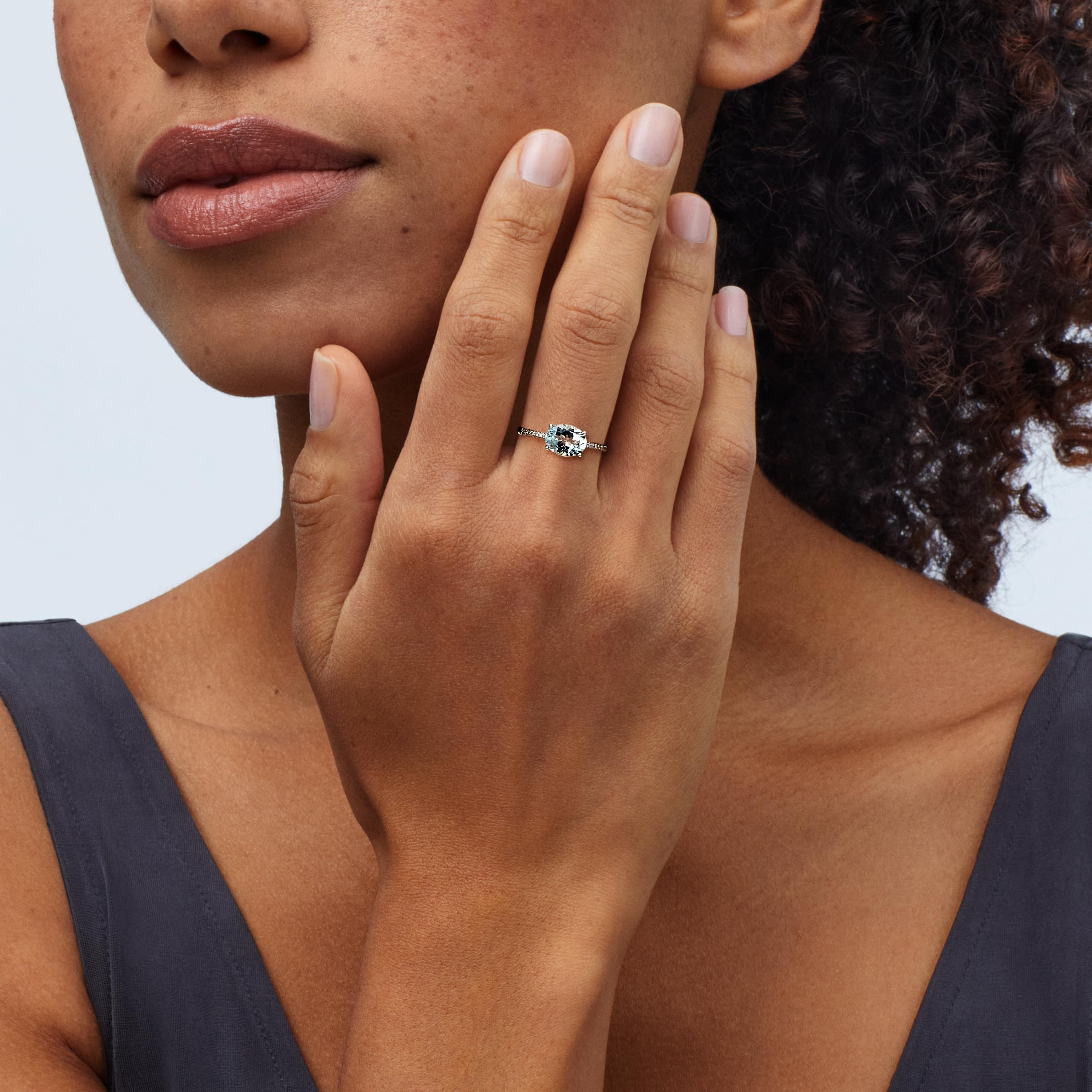 Welry Natural Oval Aquamarine Ring with Diamond Accents in 10K White Gold, Size 7, Size 7