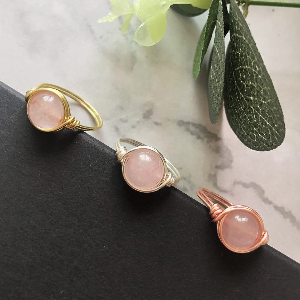 YWDREAM Crystal Rings for Women Spiritual, Healing Crystal Rings Wire Wrapped Ring, Carnelian Rose Quartz Amethyst Tiger Eyes Opalite Amazonite Gemstone Ring (Rose Quartz-Silver, 9)