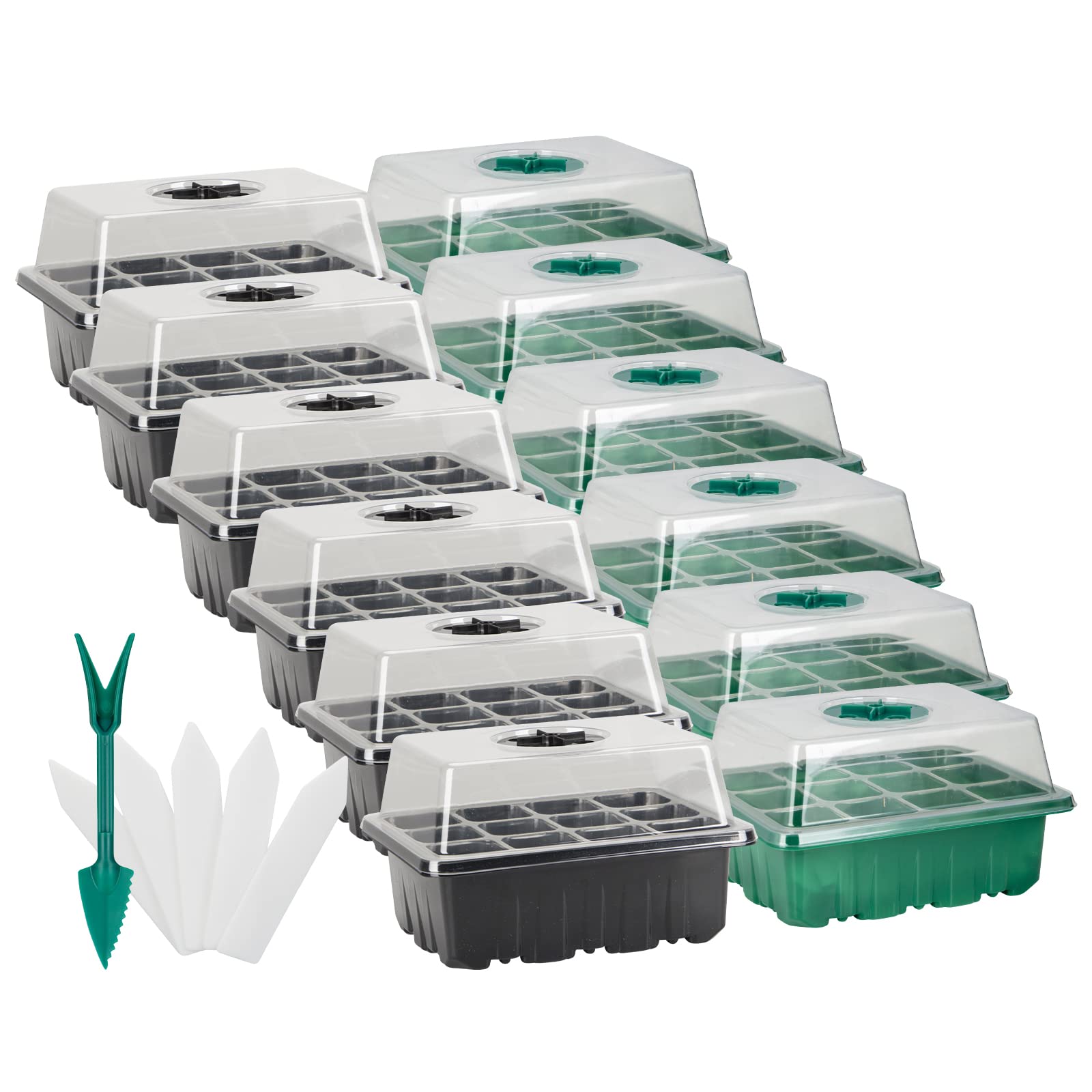 PONGJA 12 Packs Seed Starter Tray Seedling Tray (12 Cells per Tray) Humidity Adjustable Plant Starter Kit with Dome and Base Grow Trays for Seeds Growing Starting (6 Green & 6 Black)