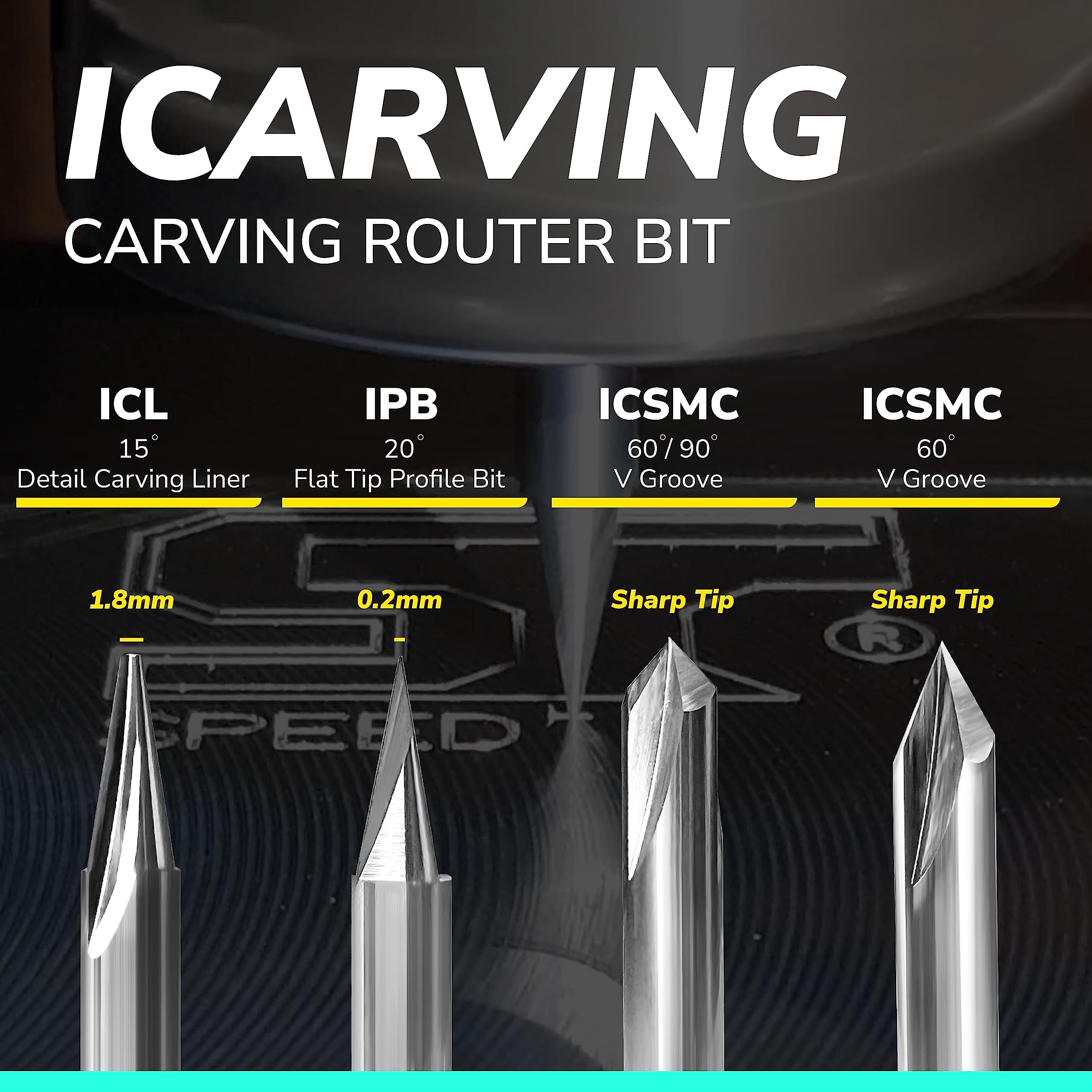 SPEED TIGER Carving Router Bit Set - ICARVE 60° & 90° V Groove, 15° Detail Carving Liner, 20° Flat Tip Profile Bit (4 Pieces) – Mill Bits Sets for DIYers & Professionals