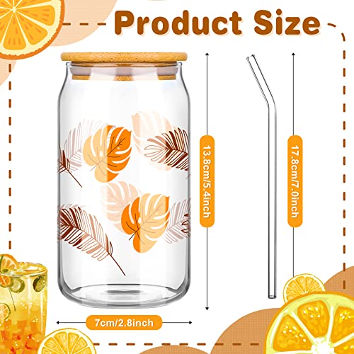 Yoiemivy 6 Pack Glass Cups with Lids and Straws, Iced Coffee Tumbler with Straw Boho Pattern Drinking Glasses16 Oz Beer Can-Shaped Glass for Iced Coffee Cola Soda Tea Juice Water