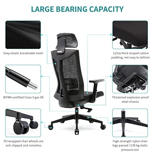 SIHOO Ergonomic Office Chair with Adjustable Lumbar Support and Armrests,Breathable Mesh Back and Padded Seat Desk Chair, Computer Chair for Work (Black)