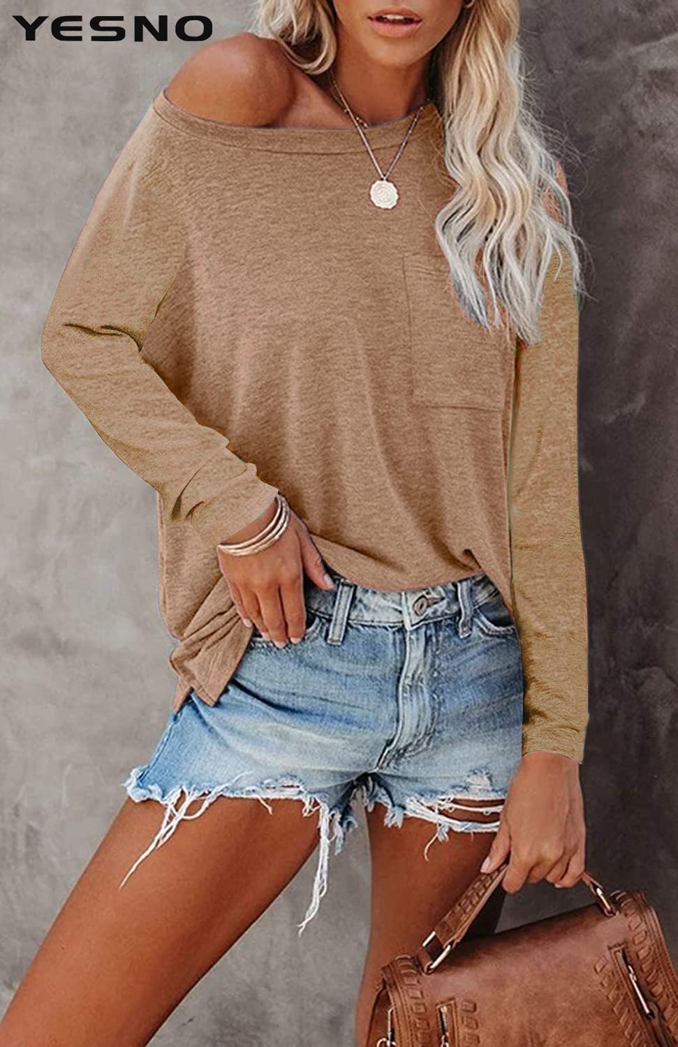 YESNO Women Casual Loose Long Sleeve Shirts Crewneck Solid Tops Pullover Sweatshirts with Pocket TY2 (L TY2 Khaki)