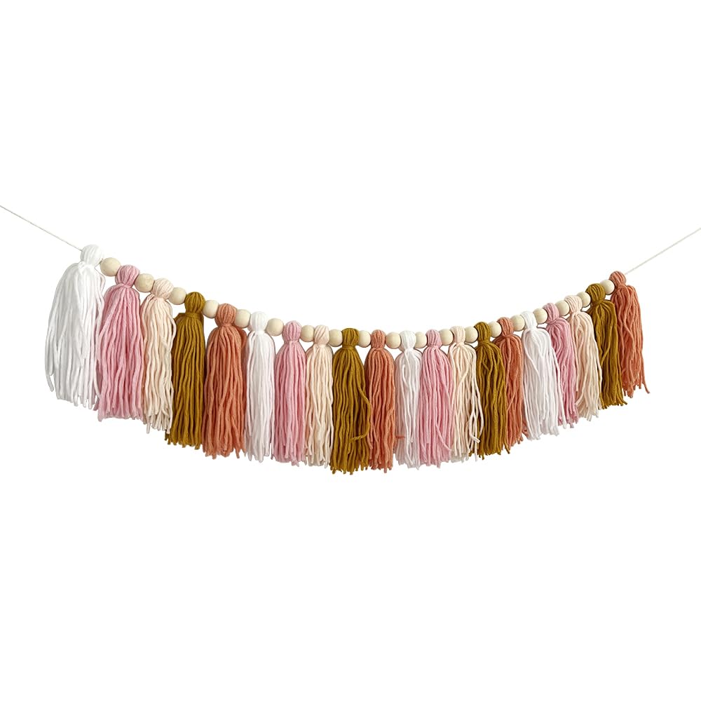 Rainbow Tassel Garland with Wood Bead Tassel Garland Banner for Classroom Bedroom Boho Tassel Garland Rainbow Garland Hanging Wall Decoration Colorful Room Decor (Style C)