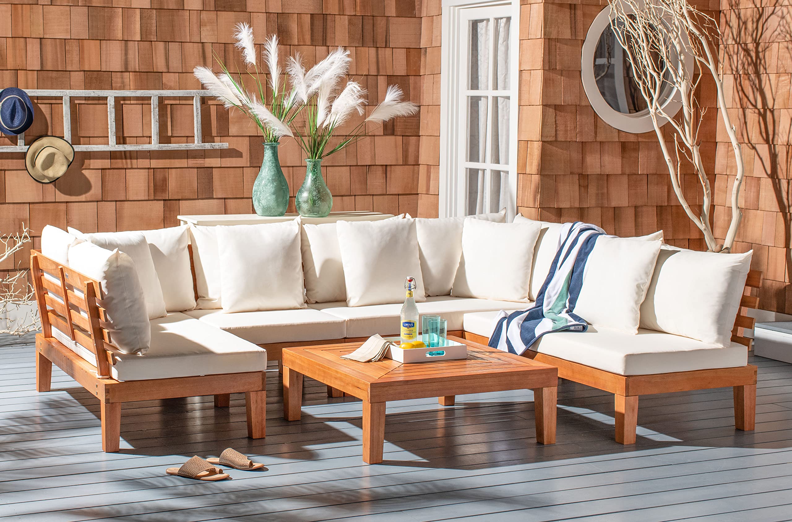 Safavieh PAT7054A-4BX Collection Granton Teak and Beige 5-Piece Outdoor Patio Set