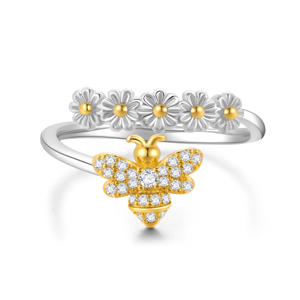 ZNS, Sterling Silver Daisy Bee Ring Simple Flower Ring Stacking Rings for Women Girls