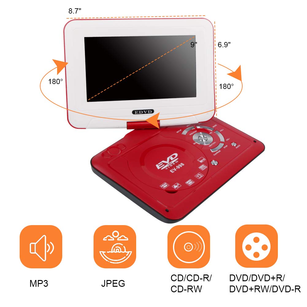 Smyidel 9.8" Portable DVD Player Supports SD Card/USB Port/CD/DVD, Rede Controller,2 Hour Rechargeable Battery, 9" Eye-Protective Screen, Support AV-in/Out,Region Free (Red)