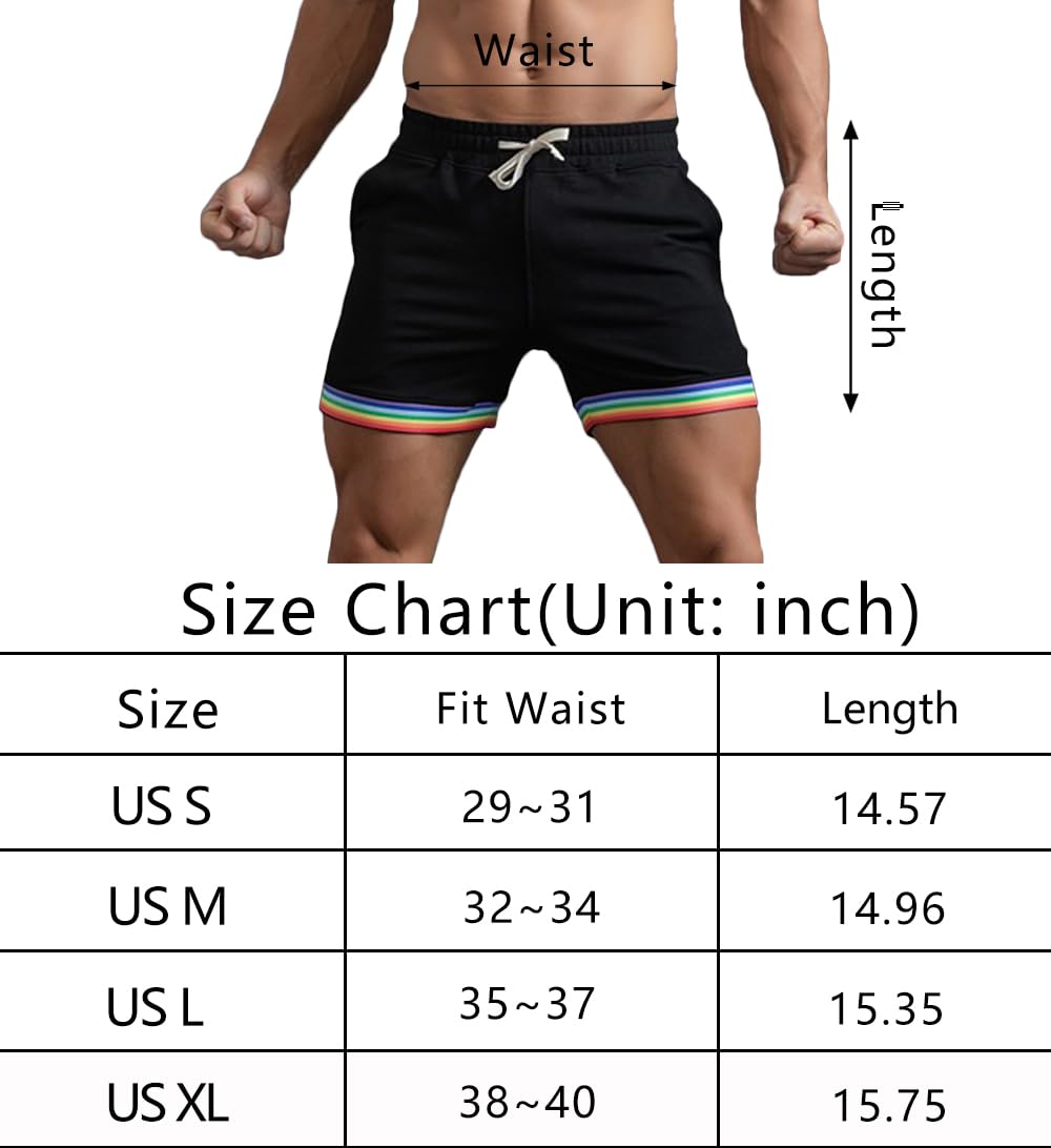 Rexcyril Men's Athletic Workout Running Shorts 5" Gym Bodybuilding Rainbow Stripe Cotton Shorts with Pockets, Army Green, Small