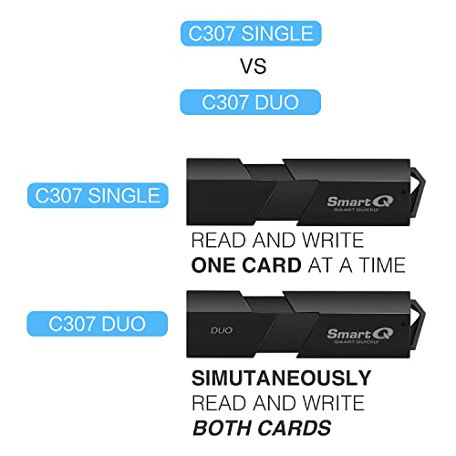 SmartQ C307 DUO SD Card Reader Portable USB 3.0 Flash Memory Card Adapter Hub for SD, Micro SD, SDXC, SDHC, MMC, Micro SDXC, Micro SDHC, UHS-I for Mac, Windows, Linux, Chrome, PC, Laptop, Switch (Duo)