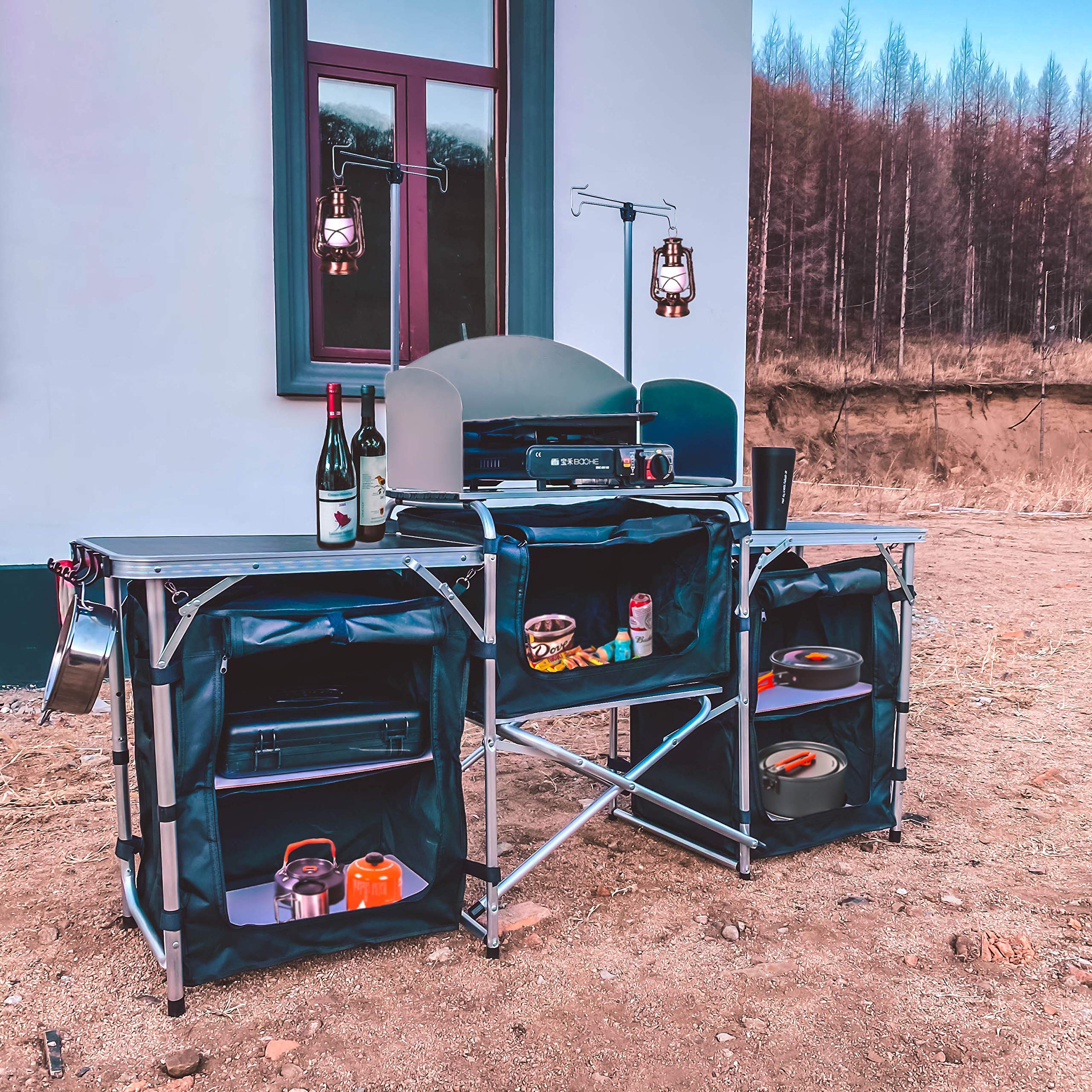 UILB 2021 Upgrade Multifunctional Camping Table with 3 Storage Organizer, Aluminum Windscreen Folding Cooking Table Easy-to-Clean Outdoor Cooking Folding Table