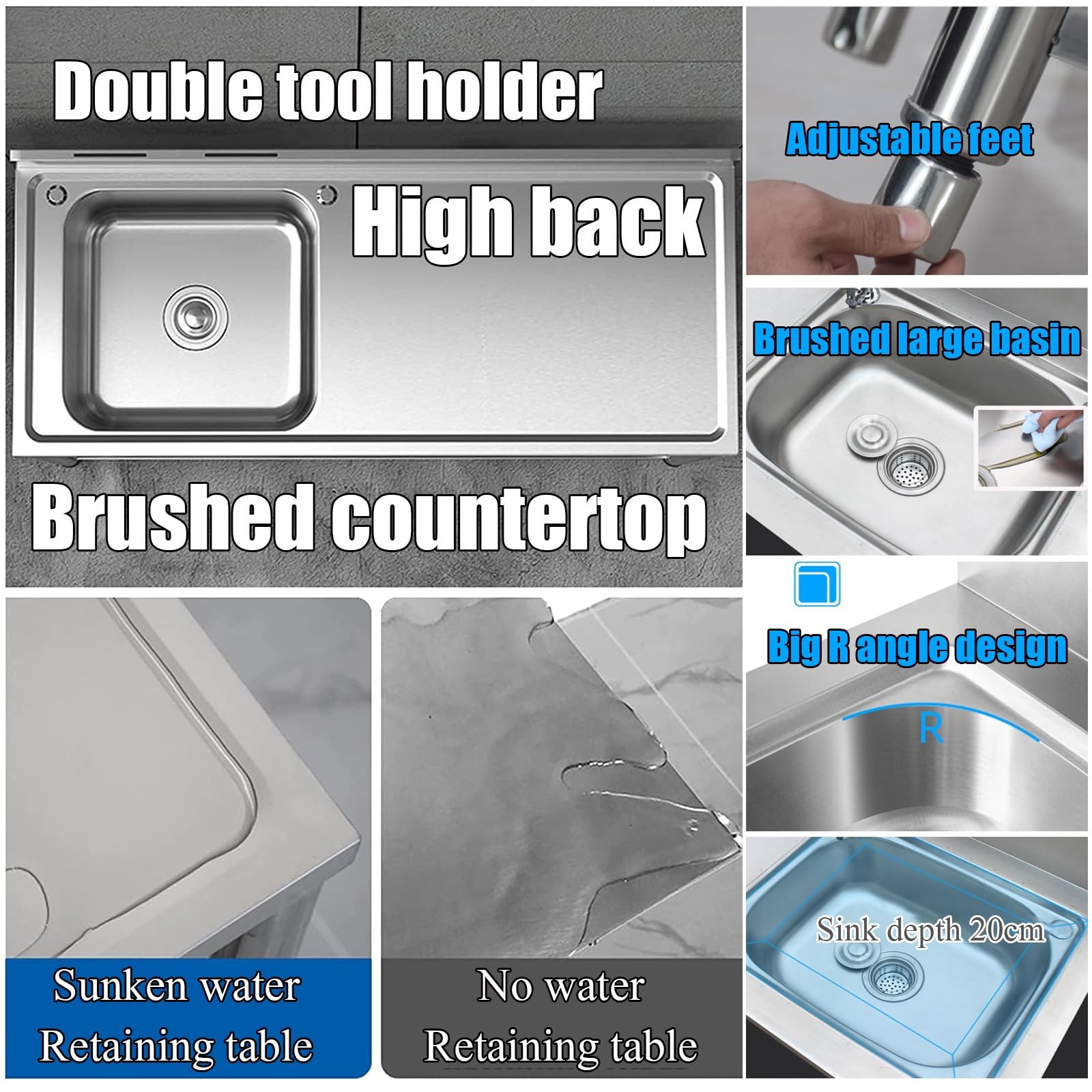 SEYFI Kitchen Sinks Outdoor Free Standing,Bowl,with Drainboard, U-Tility Prep Station Sink, Laundry Tub, Free Standing Stainless for Commercial Restaurant/Left - Hot and Cold/Left - Hot and Cold/120C
