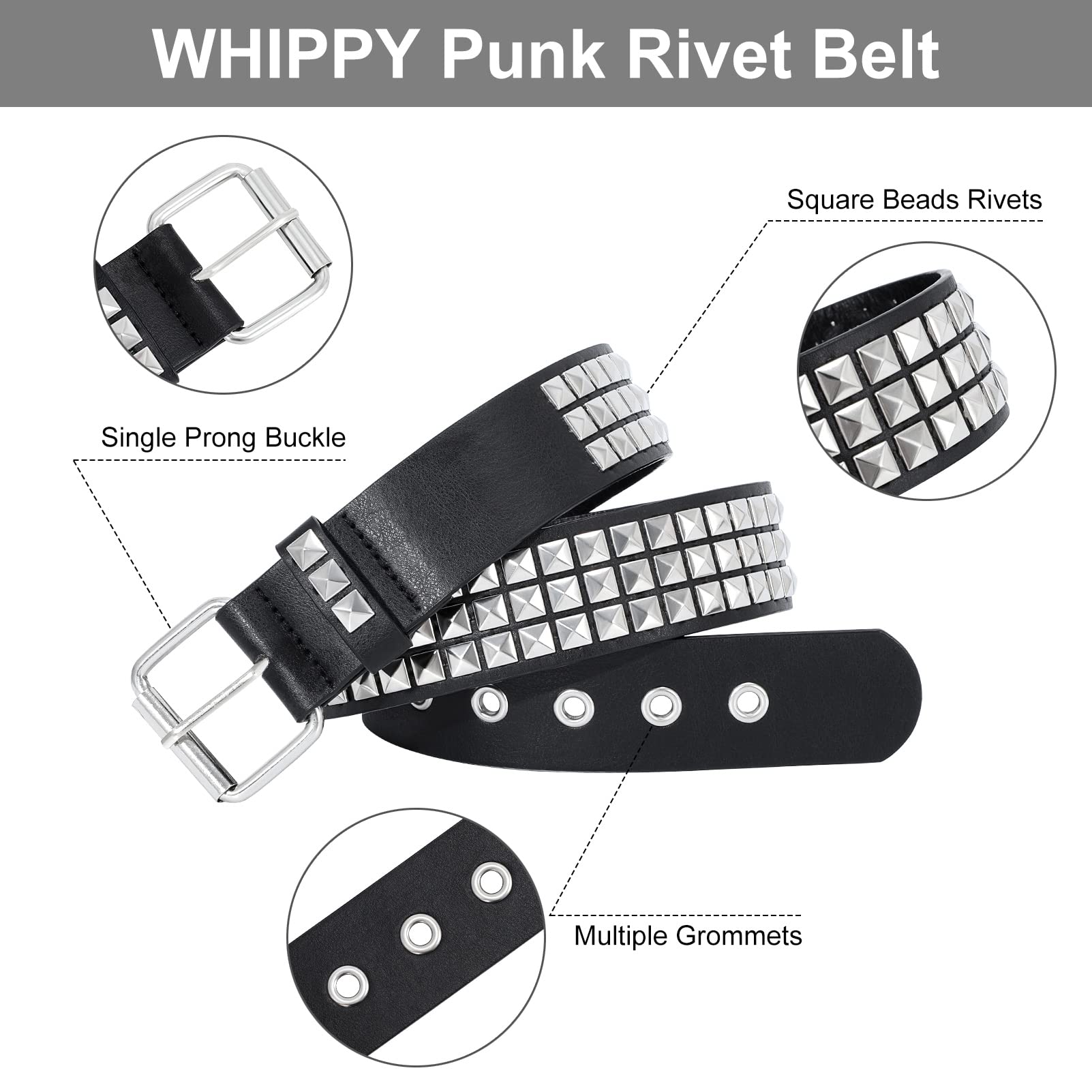 WHIPPY Women Men Rivet Studded Belt Row Pyramid Square Bead PU Faux Leather Punk Rock Grommet Belt for Jeans,Silver,M