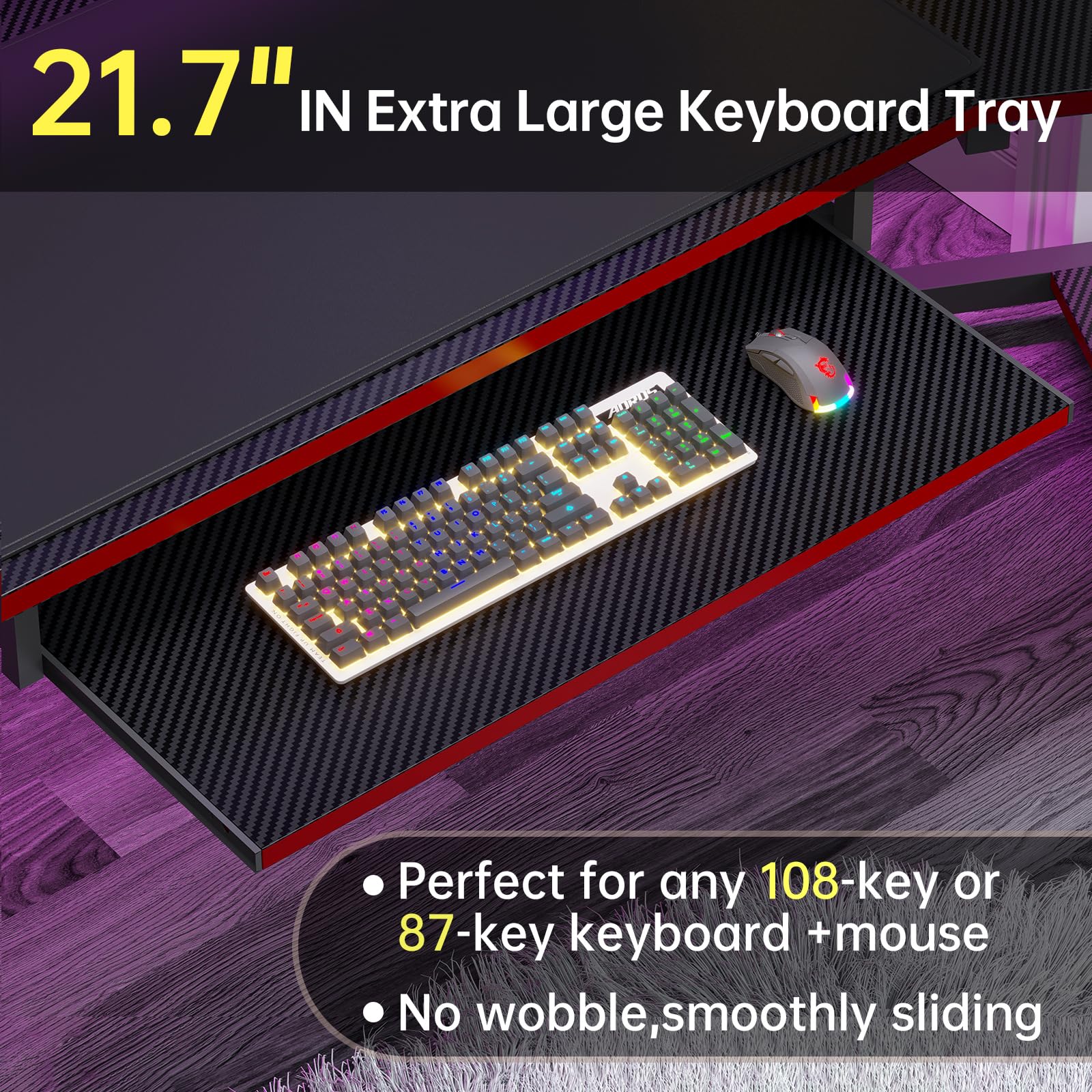 SEDETA 79" Gaming Desk, Computer Desk with 2 Fabric Drawers & LED Light, L Shaped Gaming Desk with Storage Shelf for Home Office, Carbon Fiber Black&Red