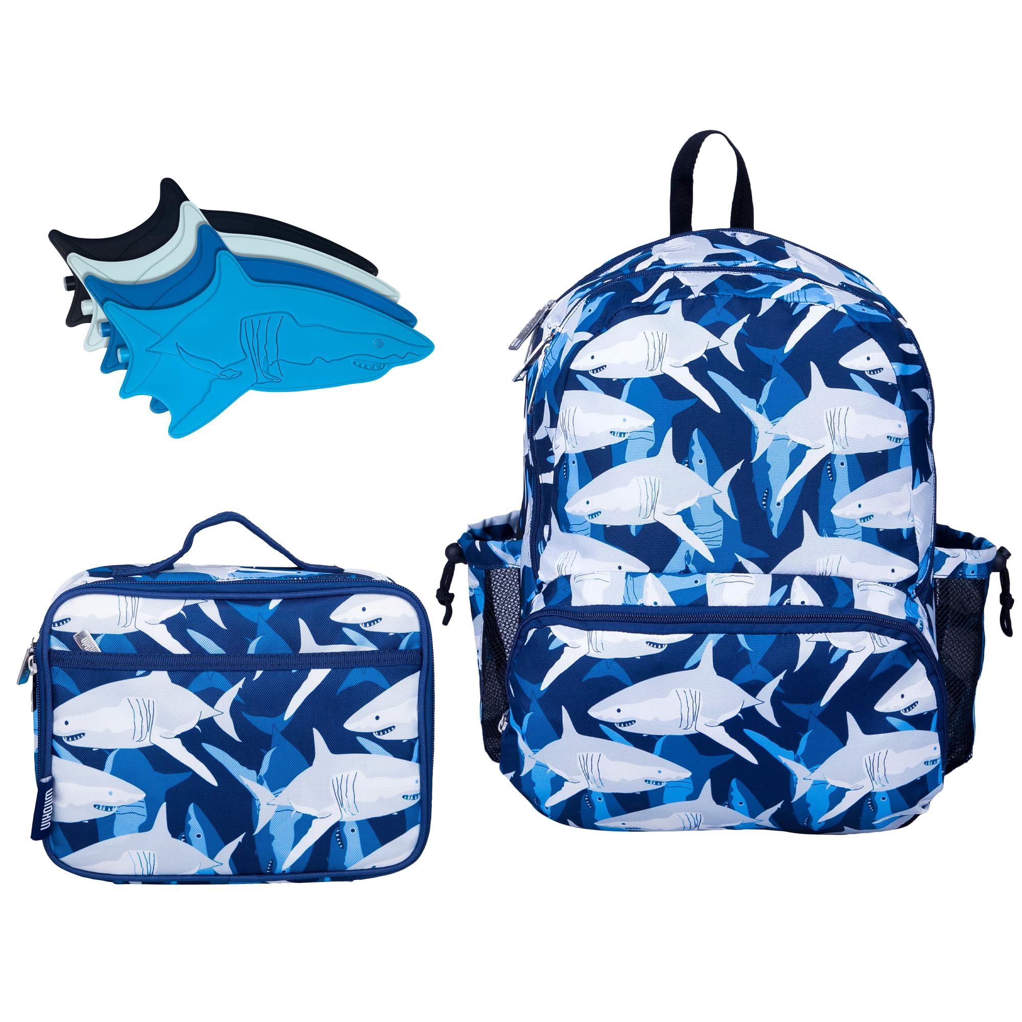 Wildkin Kids Lunch Box, 17-Inch Backpack, and Ice Pack Bundle for Organized, Fresh and Fulfilling Dishes All Around (Sharks)