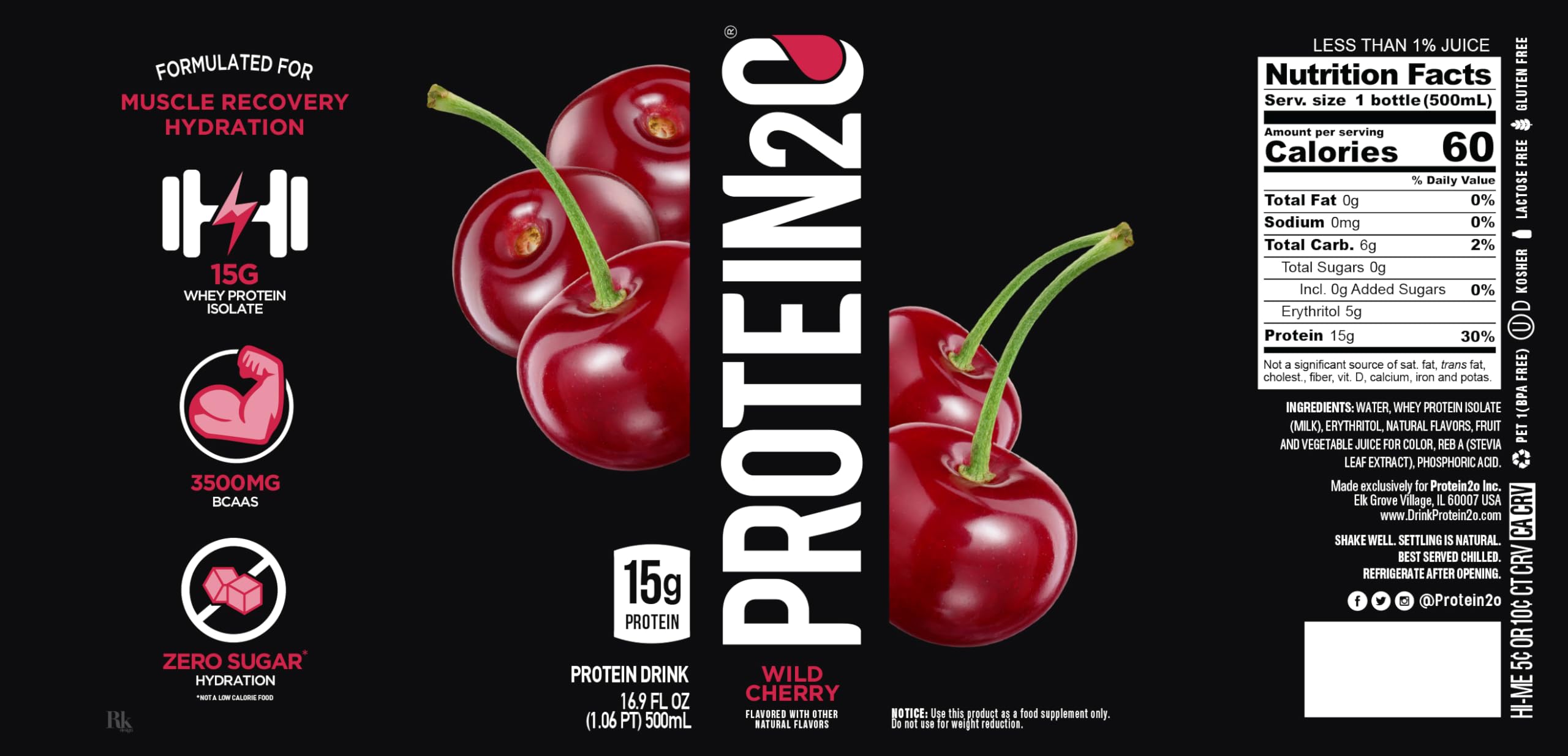Protein2o 15g Whey Protein Isolate Infused Water, Ready To Drink, Sugar Free, Gluten Free, Lactose Free, No Artificial Sweeteners, Wild Cherry, 16.9 Fl Oz (Pack of 12)