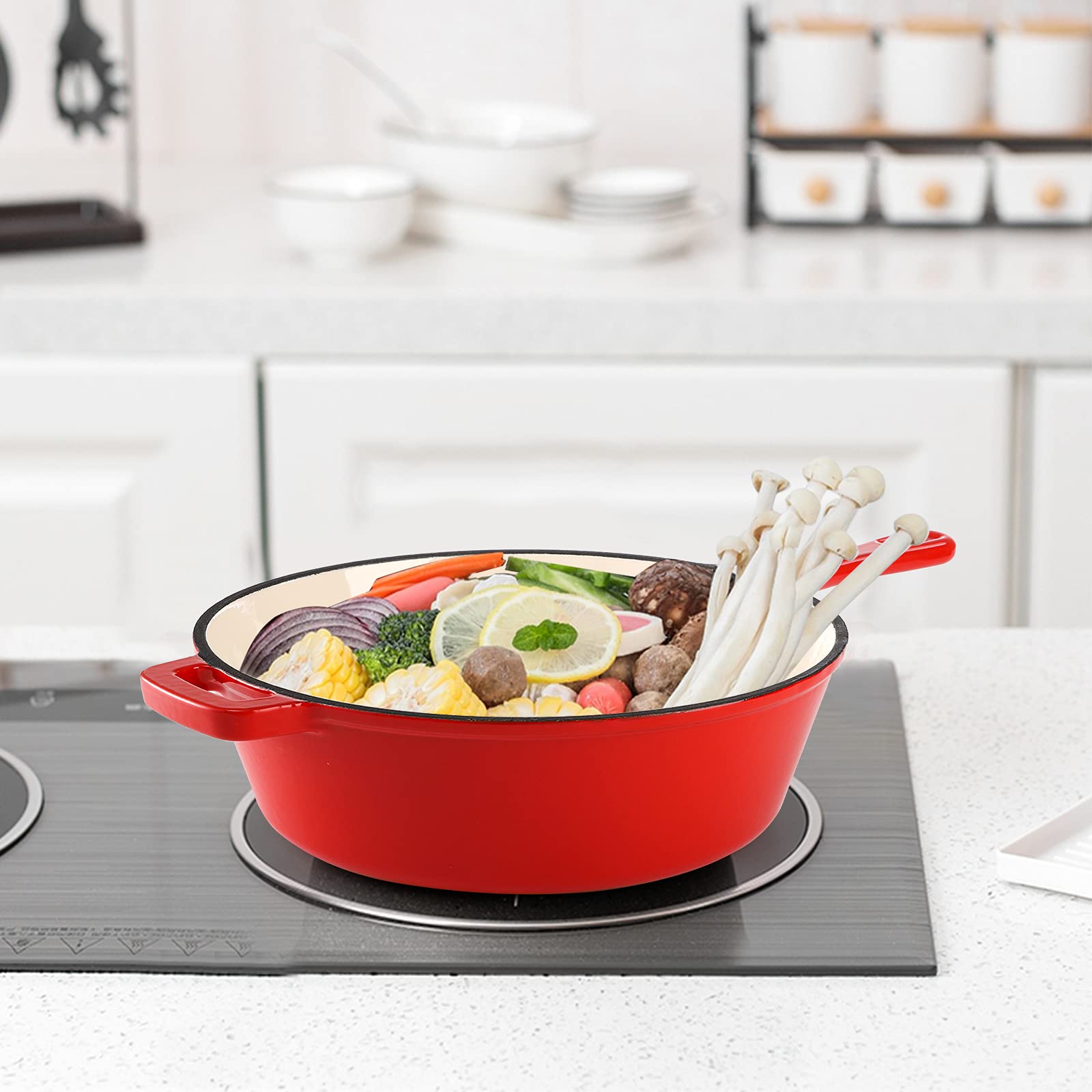 Suwimut Enameled 2-in-1 Cast Iron Multi Cooker, 3.2 Quart Red Heavy Duty Deep Skillet and Lid Set Dutch Oven Frying Pan, Non-Stick Kitchen Cookware Grill, Stovetop, Induction, Oven Safe